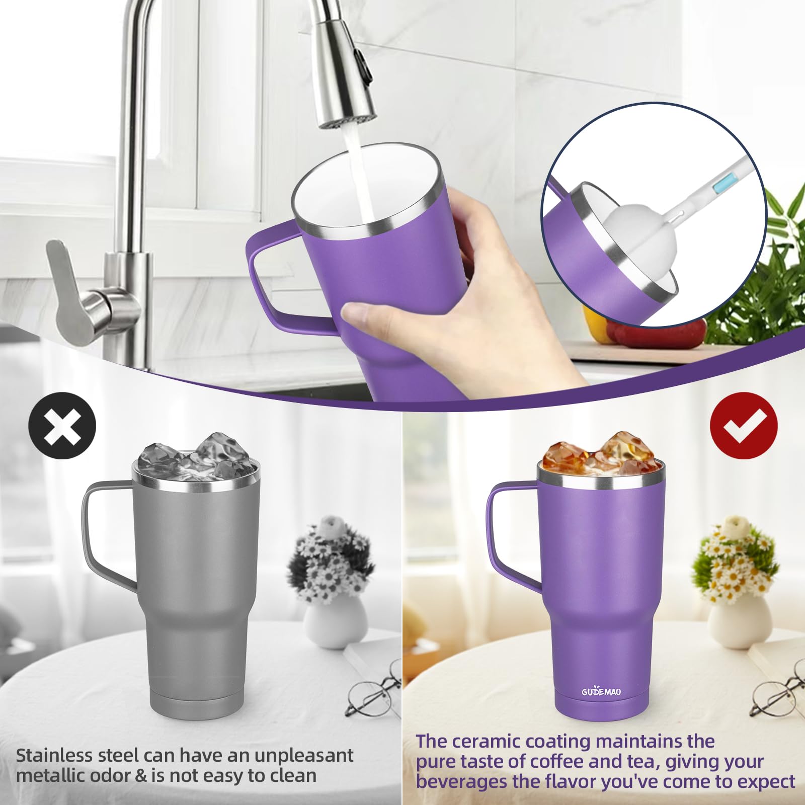 20 oz Insulated Coffee Mug with Ceramic Coating, Stainless Steel Travel Mug Tumbler with Handle Lid and Straw, Double Wall Leak-Proof Thermos Coffee Travel Mug Keeps Drink Hot and Cold (Purple)