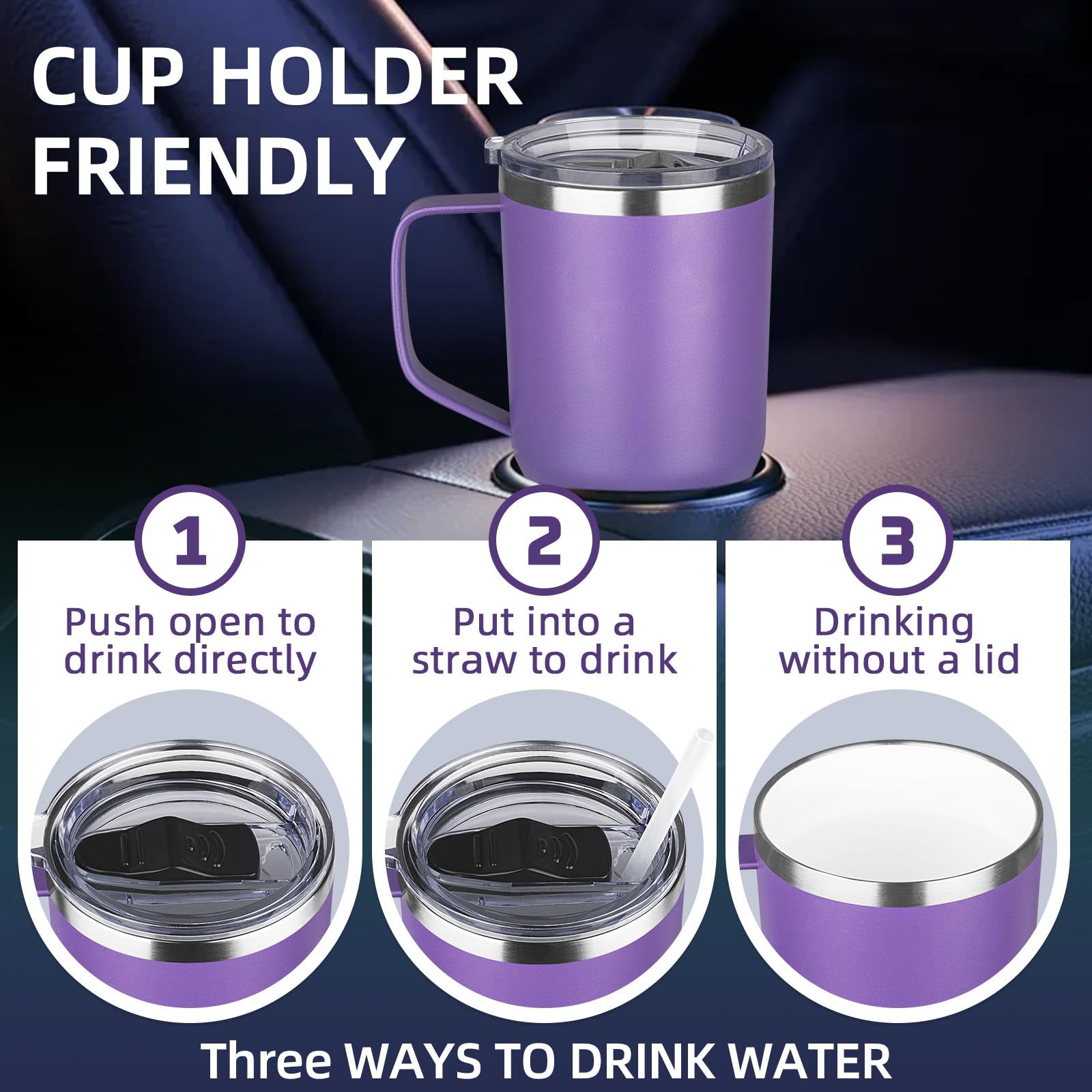 20 oz Insulated Coffee Mug with Ceramic Coating, Stainless Steel Travel Mug Tumbler with Handle Lid and Straw, Double Wall Leak-Proof Thermos Coffee Travel Mug Keeps Drink Hot and Cold (Purple)