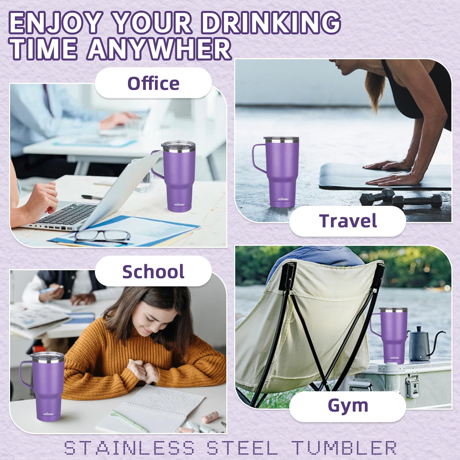 20 oz Insulated Coffee Mug with Ceramic Coating, Stainless Steel Travel Mug Tumbler with Handle Lid and Straw, Double Wall Leak-Proof Thermos Coffee Travel Mug Keeps Drink Hot and Cold (Purple)