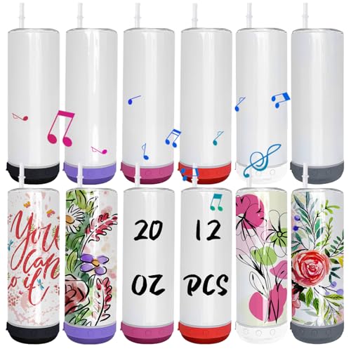 Lilsofee 12 Pack 20 OZ Sublimation Blank Tumblers Bulk Stainless Steels Double Vacuum Bluetooth Speaker Music Insulated Tumbler with Lid and Straw Heat Transfer Cup Multicolor
