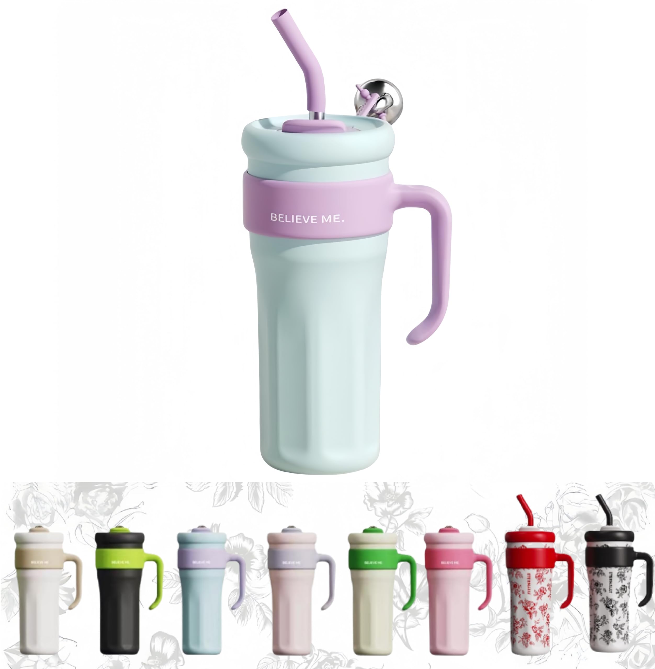 IRNATO 40Oz Mega Mug,Stainless Steel Tumbler with Handle and Straw,Cup Holder Friendly,Stainless Steel Water Bottle Extra Large Insulated Tumbler(Full of Flowers) (lanzi)