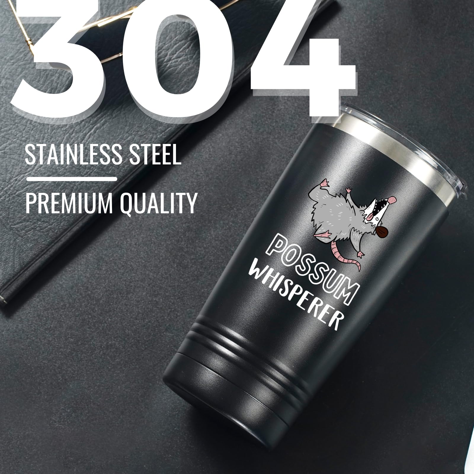 Onebttl Possum 20oz Tumbler With Spill-Proof Lid - Unique Gift for Possum Lovers, Women & Men - Opossum Gift Box Included - Black