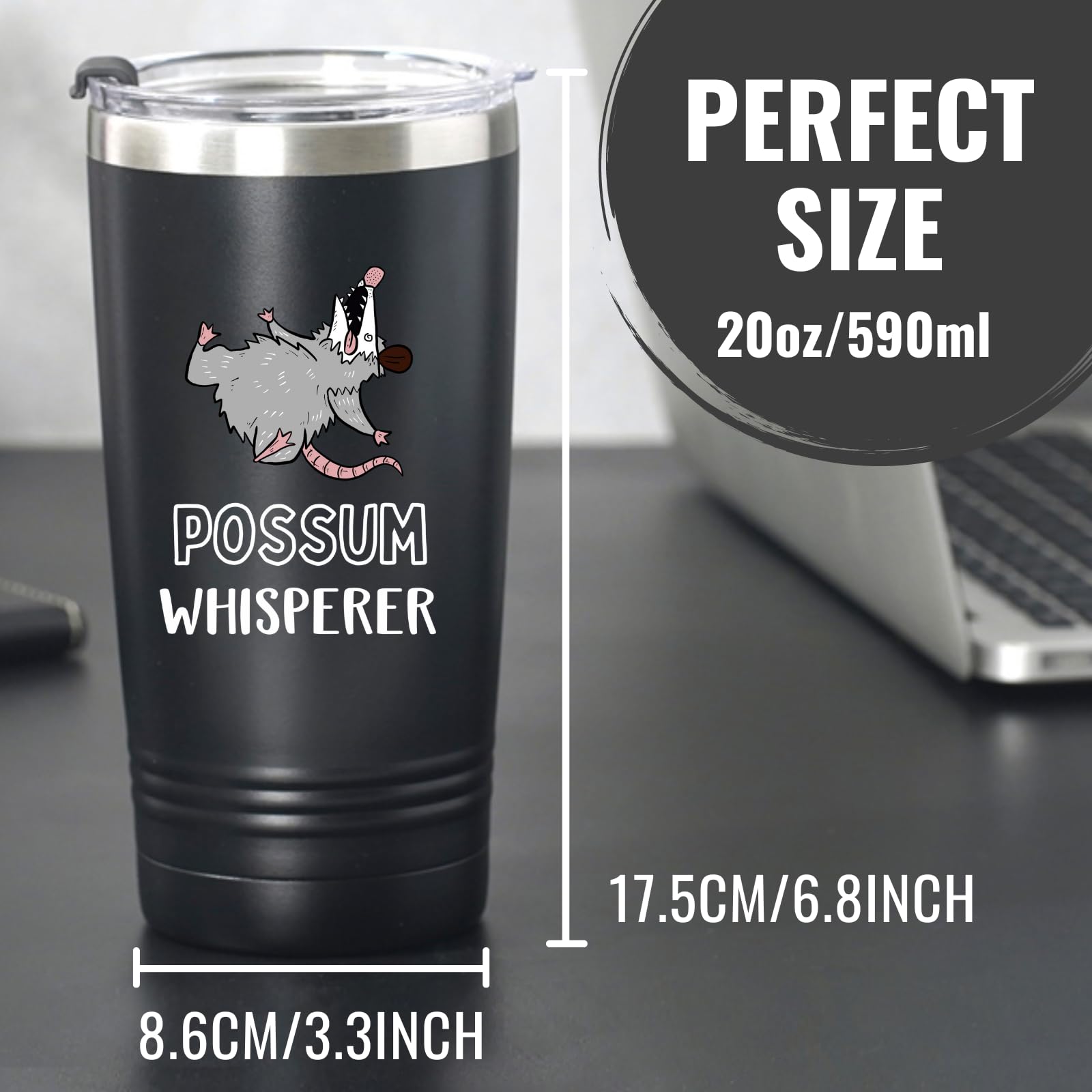 Onebttl Possum 20oz Tumbler With Spill-Proof Lid - Unique Gift for Possum Lovers, Women & Men - Opossum Gift Box Included - Black