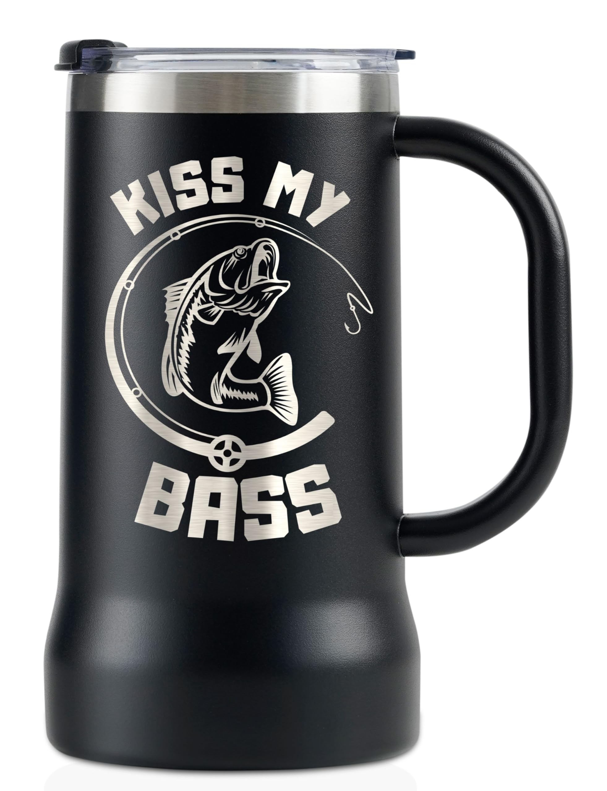 Onebttl Bass Fishing Gifts for Men, Stainless Steel Beer Stein Tumbler, 24oz Beer Mug with Lid for Father's Day, Christmas - Kiss My Bass