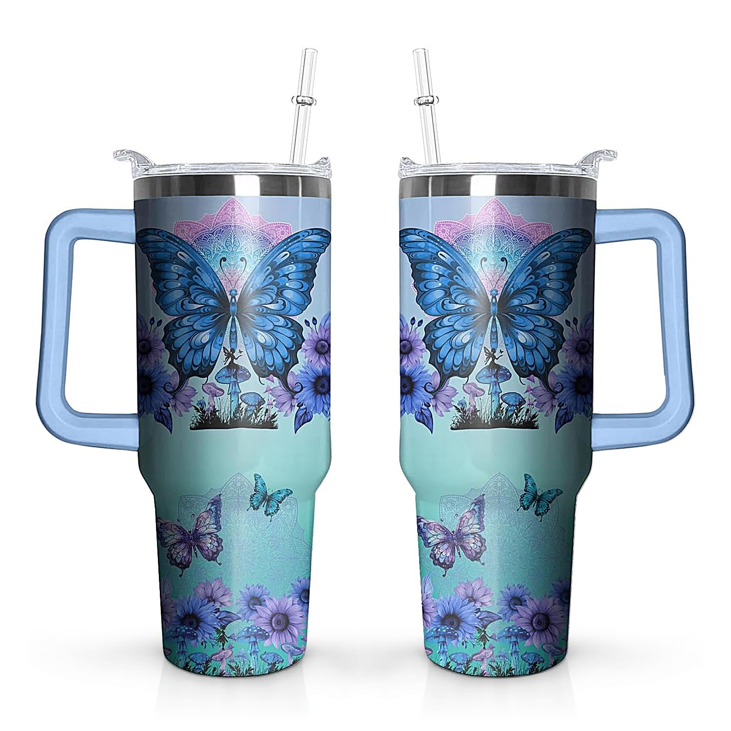 wxmbdzq 40 oz Butterfly Tumbler with Handle and Straw Lid,Leak Proof Travel Stainless Insulated Tumbler,Cup Holder Friendly,Perfect for Outdoor Travel Car and Sports