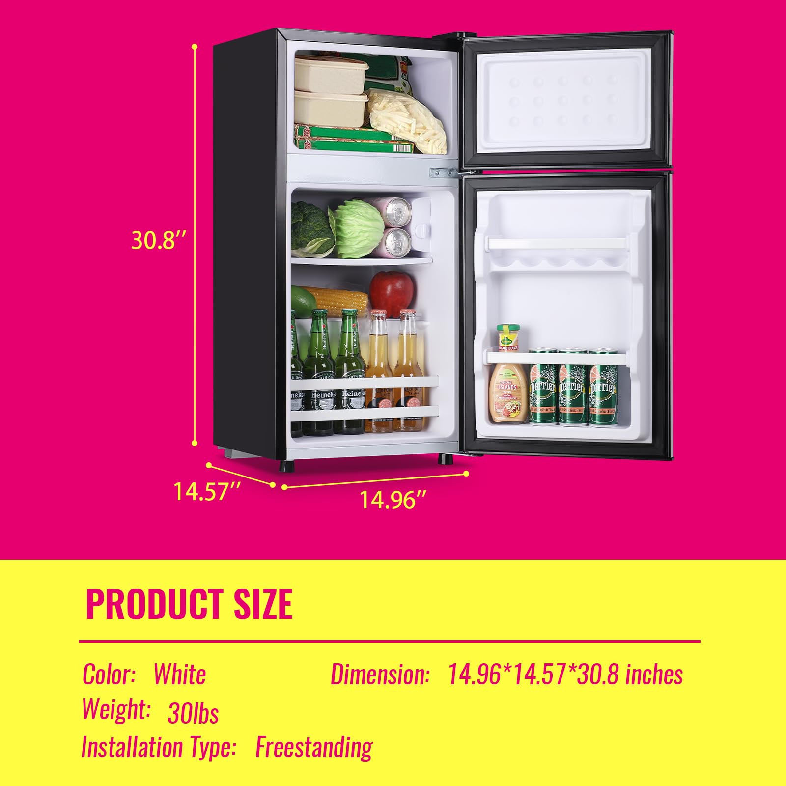 DEMULLER 2.4 Cu.ft Mini Fridge with Top Freezer Apartment Size Dual Door Compact Refrigerator for Personal Use Small Fridge with Egg tray, 7 Temperature Control For Dorm, Silver