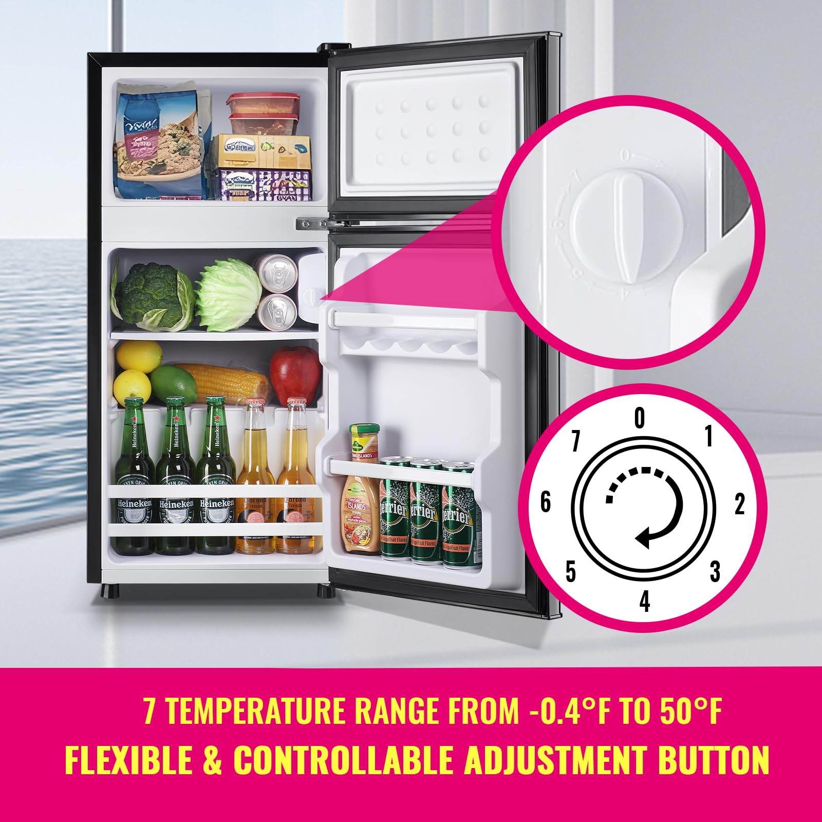 DEMULLER 2.4 Cu.ft Mini Fridge with Top Freezer Apartment Size Dual Door Compact Refrigerator for Personal Use Small Fridge with Egg tray, 7 Temperature Control For Dorm, Silver
