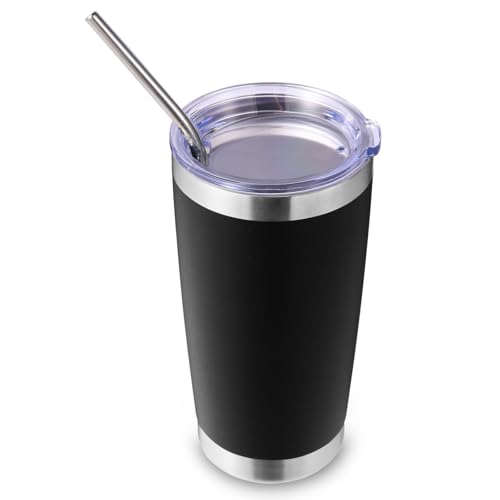 Volhoply 20oz Stainless Steel Tumbler with Lid and Straw,Double Wall Insulated Travel Iced Coffee Mug Fits Car Cup holder,Powder Coated Cups for Hot and Cold Drinks,Gifts for Women Men(Black,1 Set)