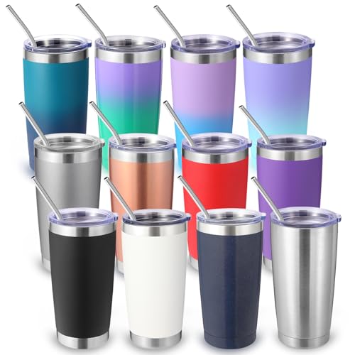Volhoply 20oz Stainless Steel Tumbler with Lid and Straw Bulk 12 Pack,Double Wall Insulated Travel Iced Coffee Mug Fits Cup holder,Powder Coated Cups for Cold Drinks,Christmas Gifts(Assorted,12 Set)