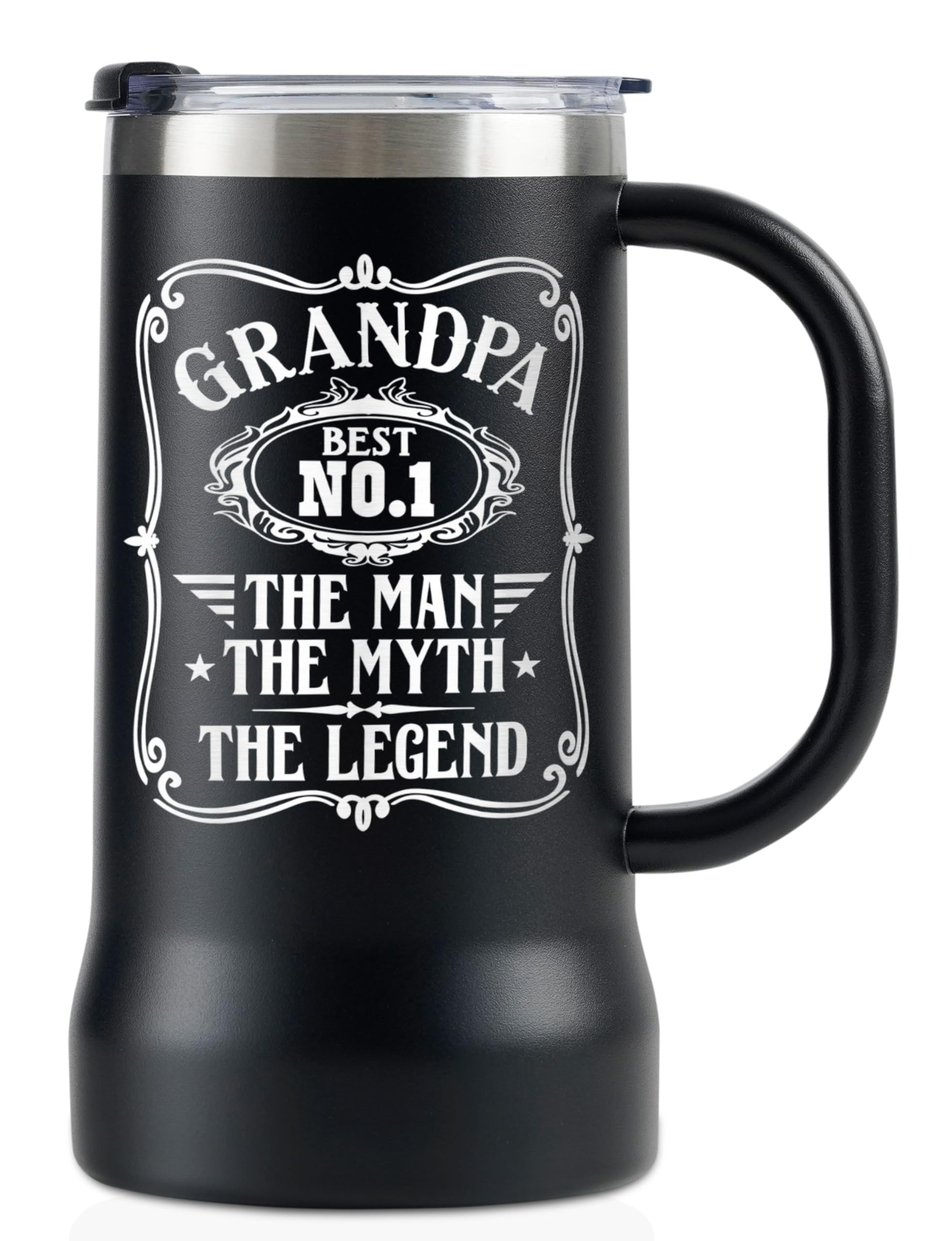 Onebttl Grandpa Gifts Stainless Steel Beer Stein Tumbler, 24oz Beer Mug with Lid for Father's Day, Christmas - Man Myth Legend