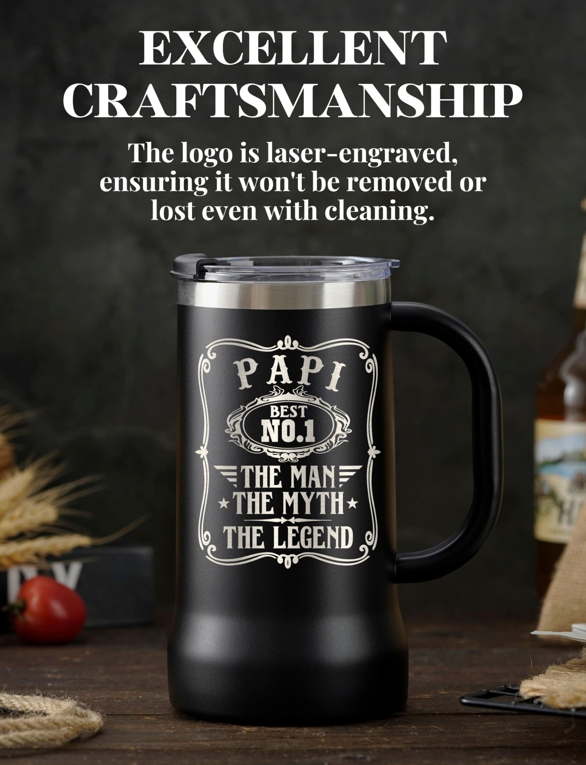 Onebttl Papi Gifts Stainless Steel Beer Stein Tumbler, 24oz Beer Mug with Lid for Father's Day, Christmas - Man Myth Legend