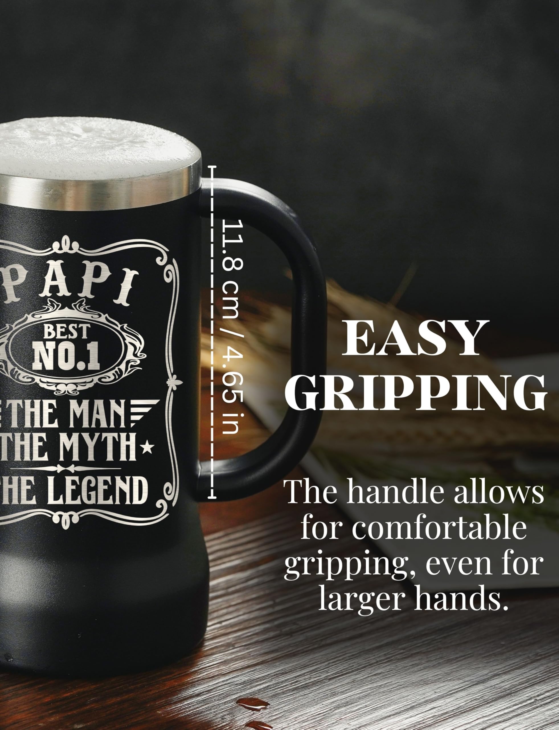 Onebttl Papi Gifts Stainless Steel Beer Stein Tumbler, 24oz Beer Mug with Lid for Father's Day, Christmas - Man Myth Legend