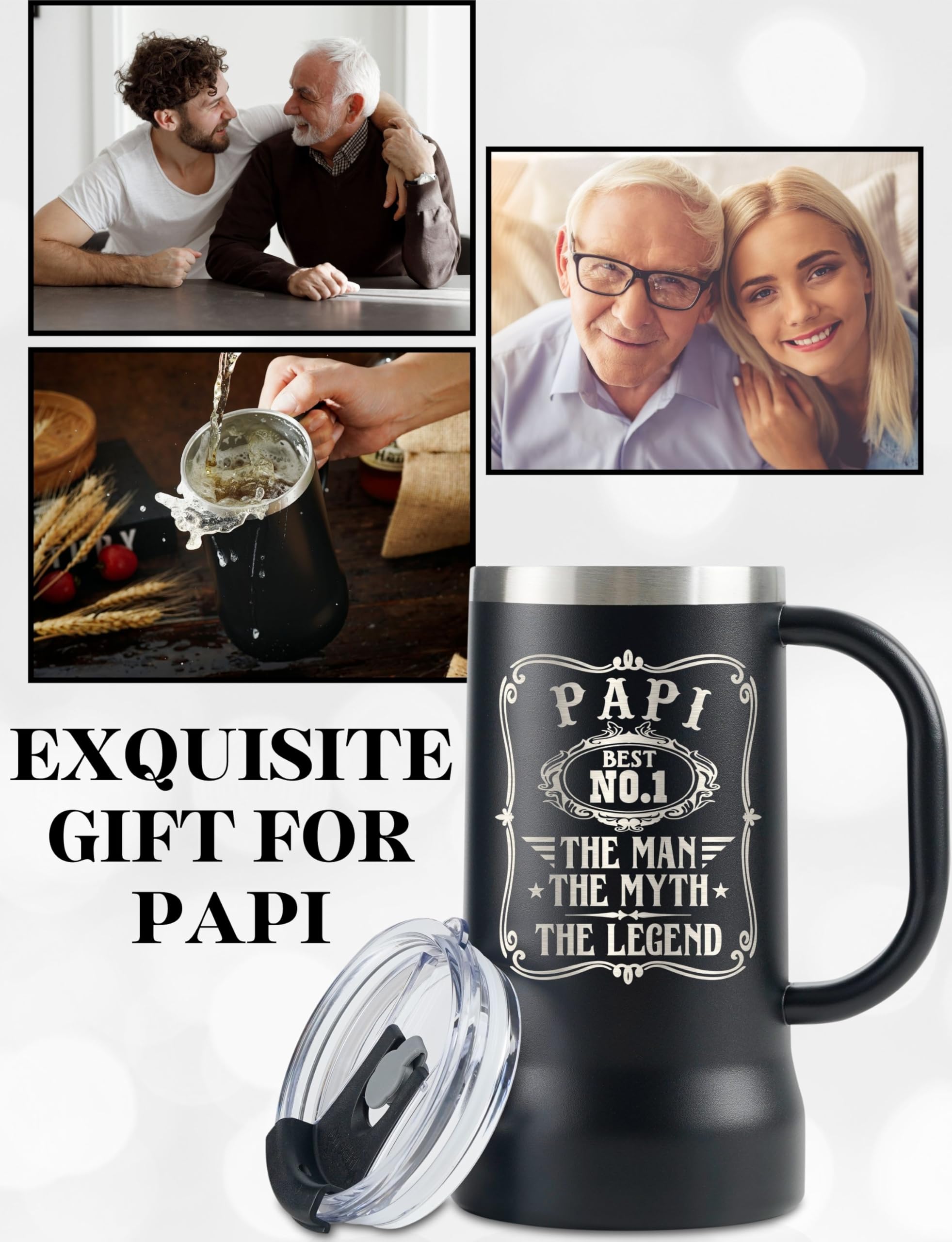 Onebttl Papi Gifts Stainless Steel Beer Stein Tumbler, 24oz Beer Mug with Lid for Father's Day, Christmas - Man Myth Legend