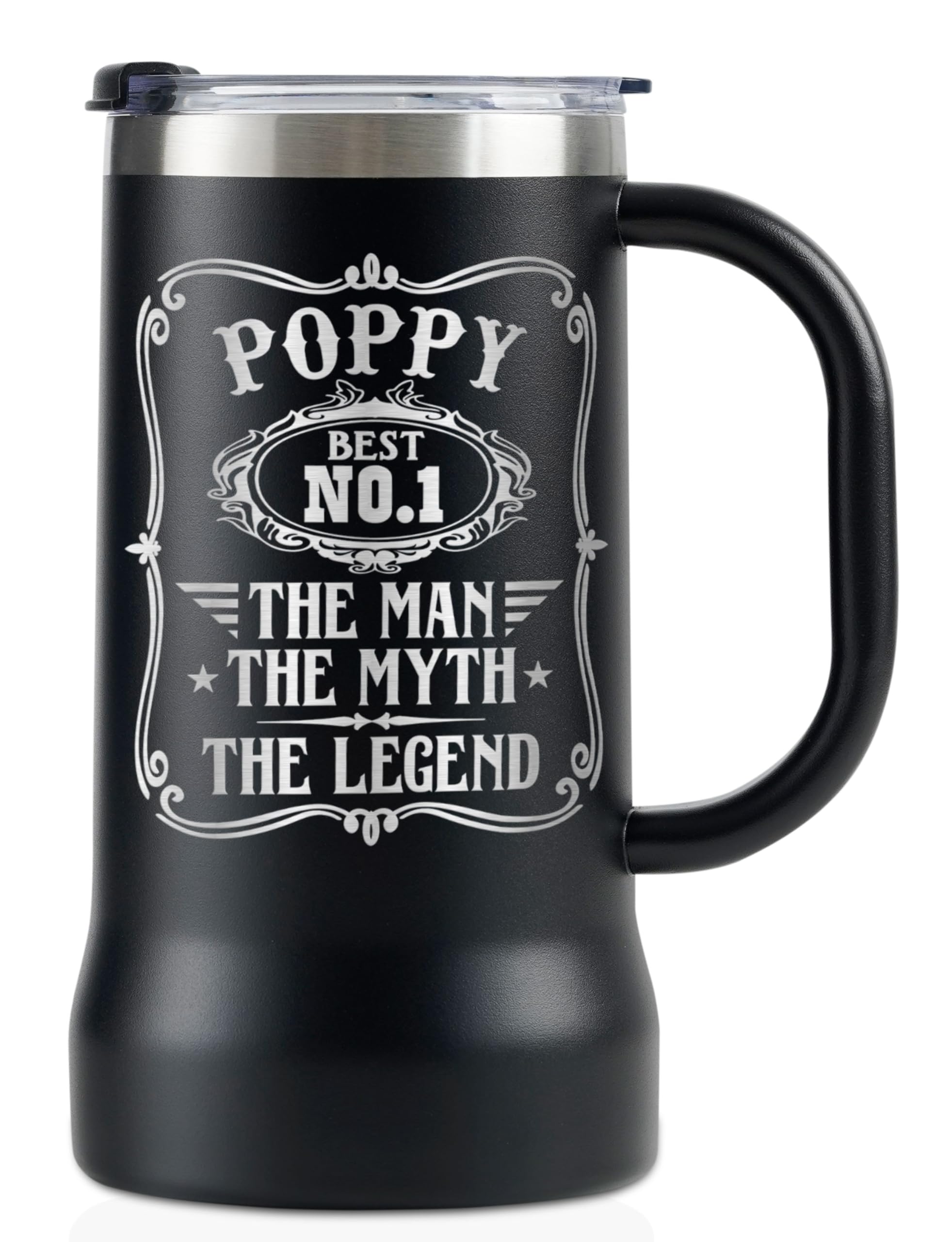 Onebttl Poppy Gifts Stainless Steel Beer Stein Tumbler, 24oz Beer Mug with Lid for Father's Day, Christmas - Man Myth Legend