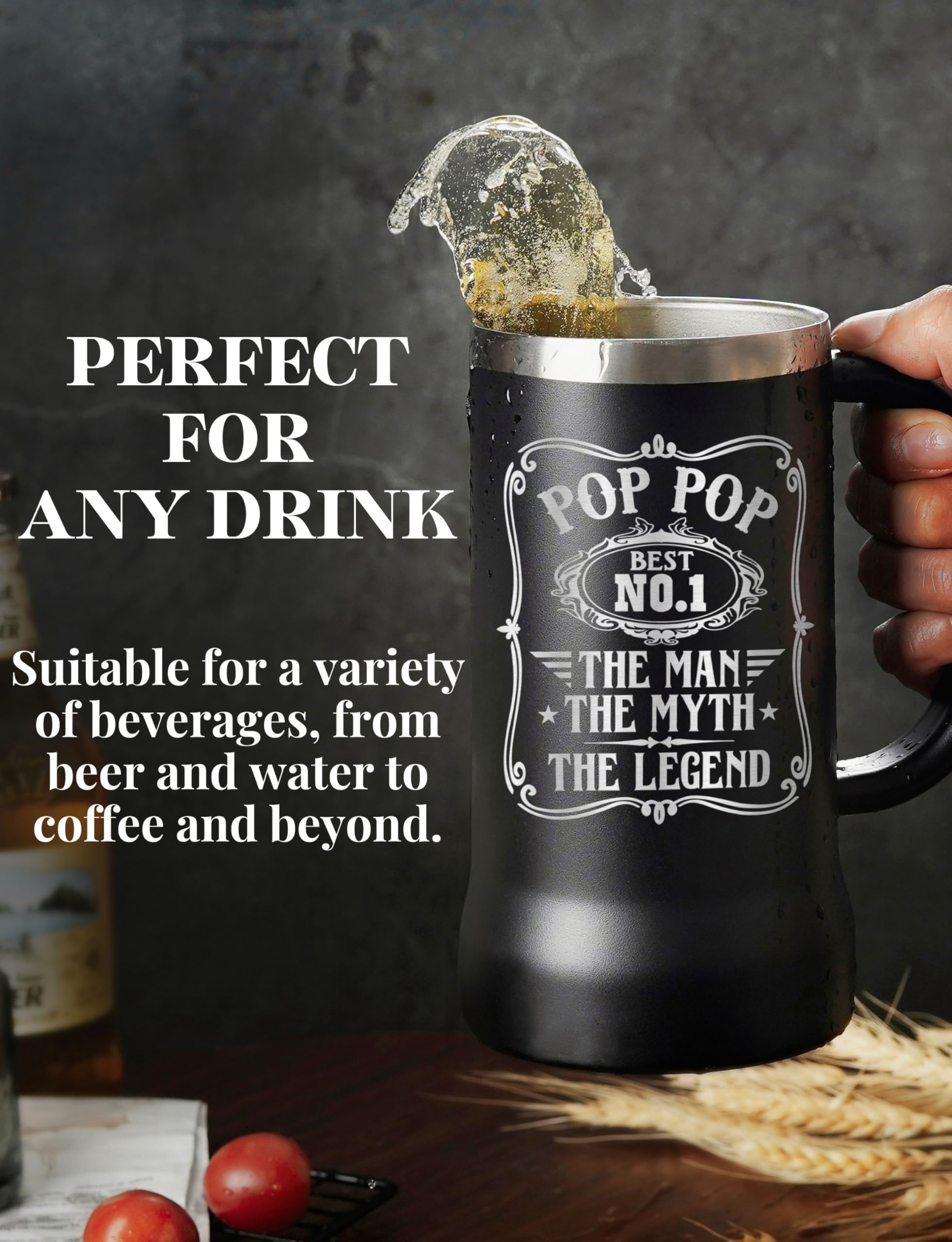 Onebttl Pop Pop Gifts Stainless Steel Beer Stein Tumbler, 24oz Beer Mug with Lid for Father's Day, Christmas - Man Myth Legend