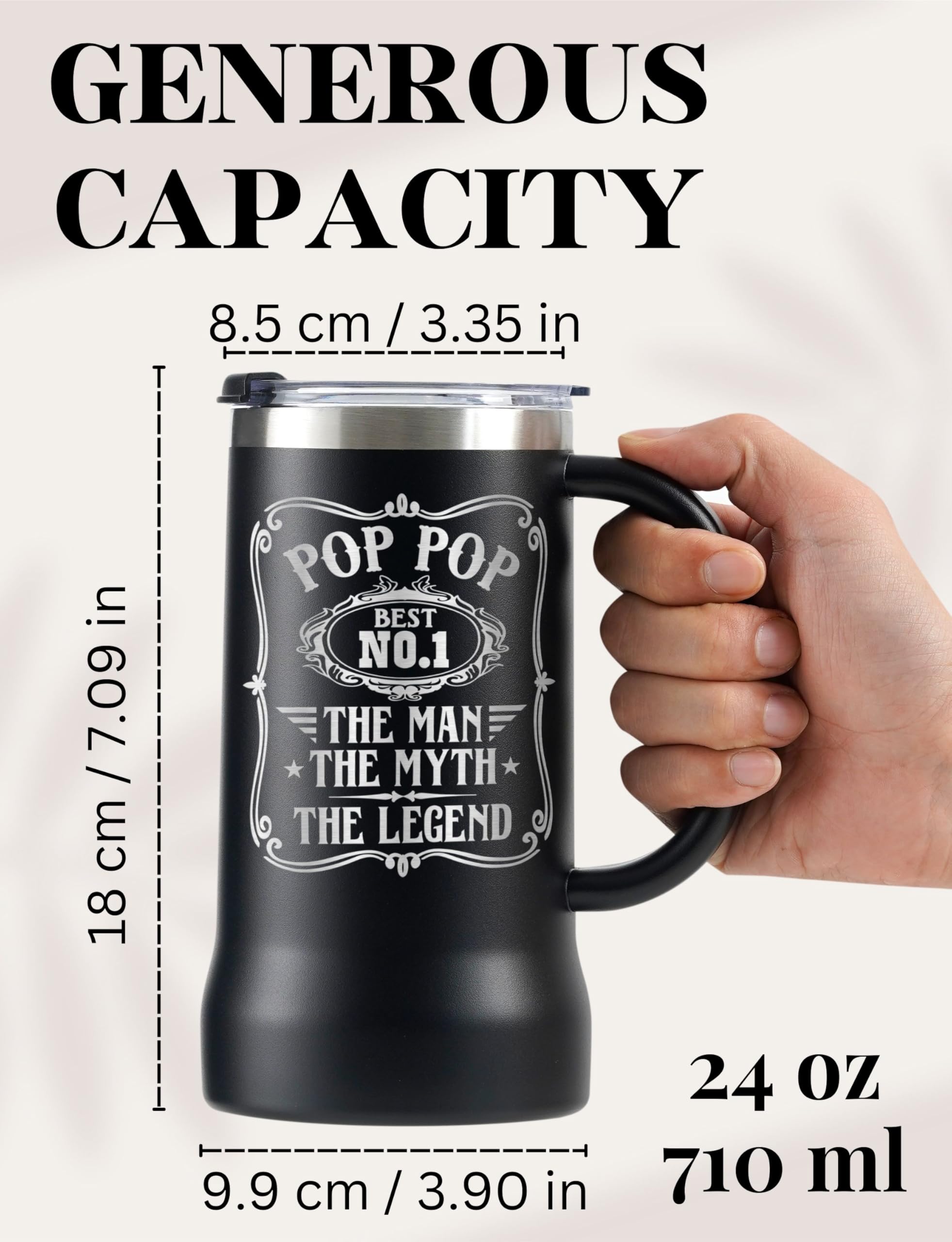 Onebttl Pop Pop Gifts Stainless Steel Beer Stein Tumbler, 24oz Beer Mug with Lid for Father's Day, Christmas - Man Myth Legend