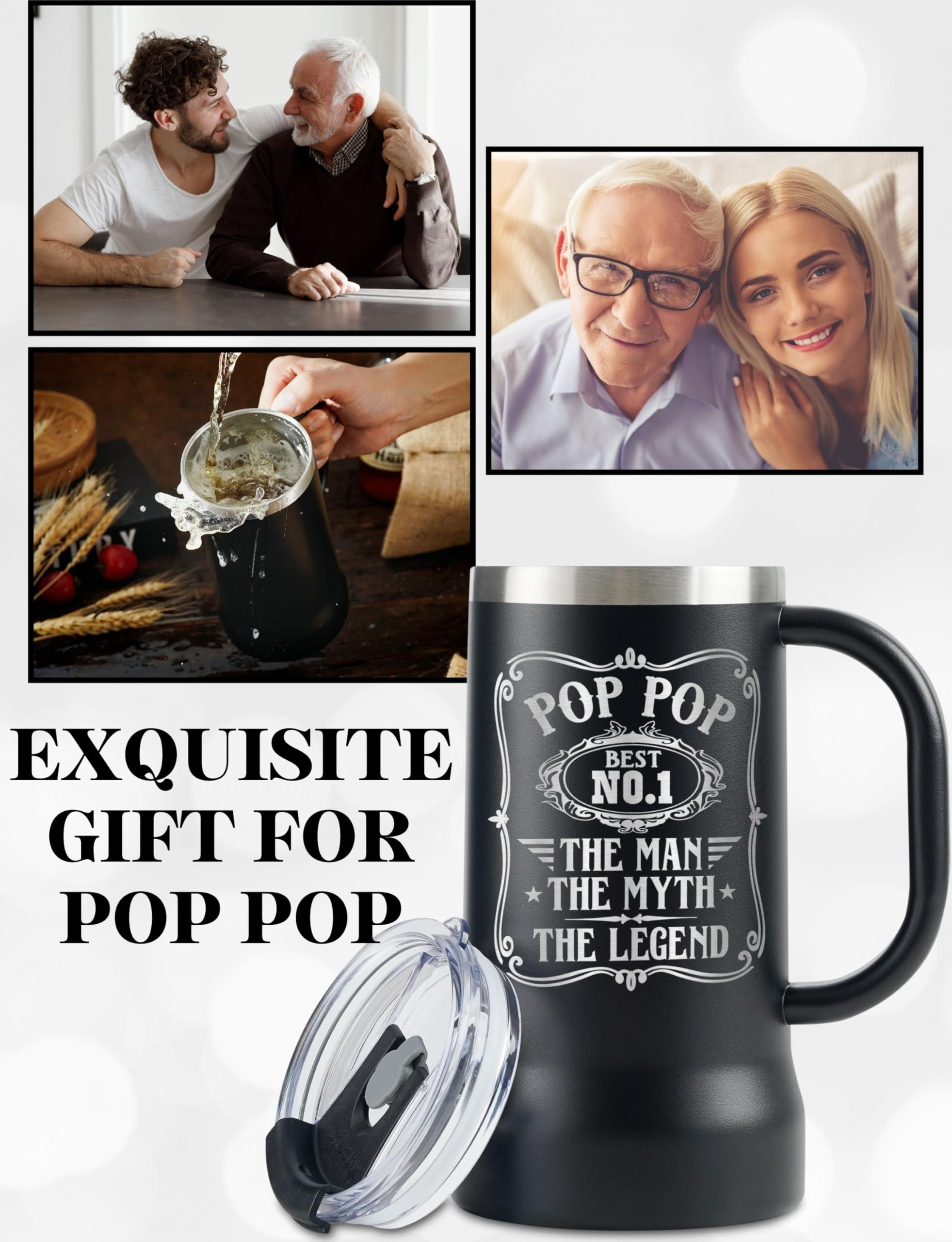 Onebttl Pop Pop Gifts Stainless Steel Beer Stein Tumbler, 24oz Beer Mug with Lid for Father's Day, Christmas - Man Myth Legend