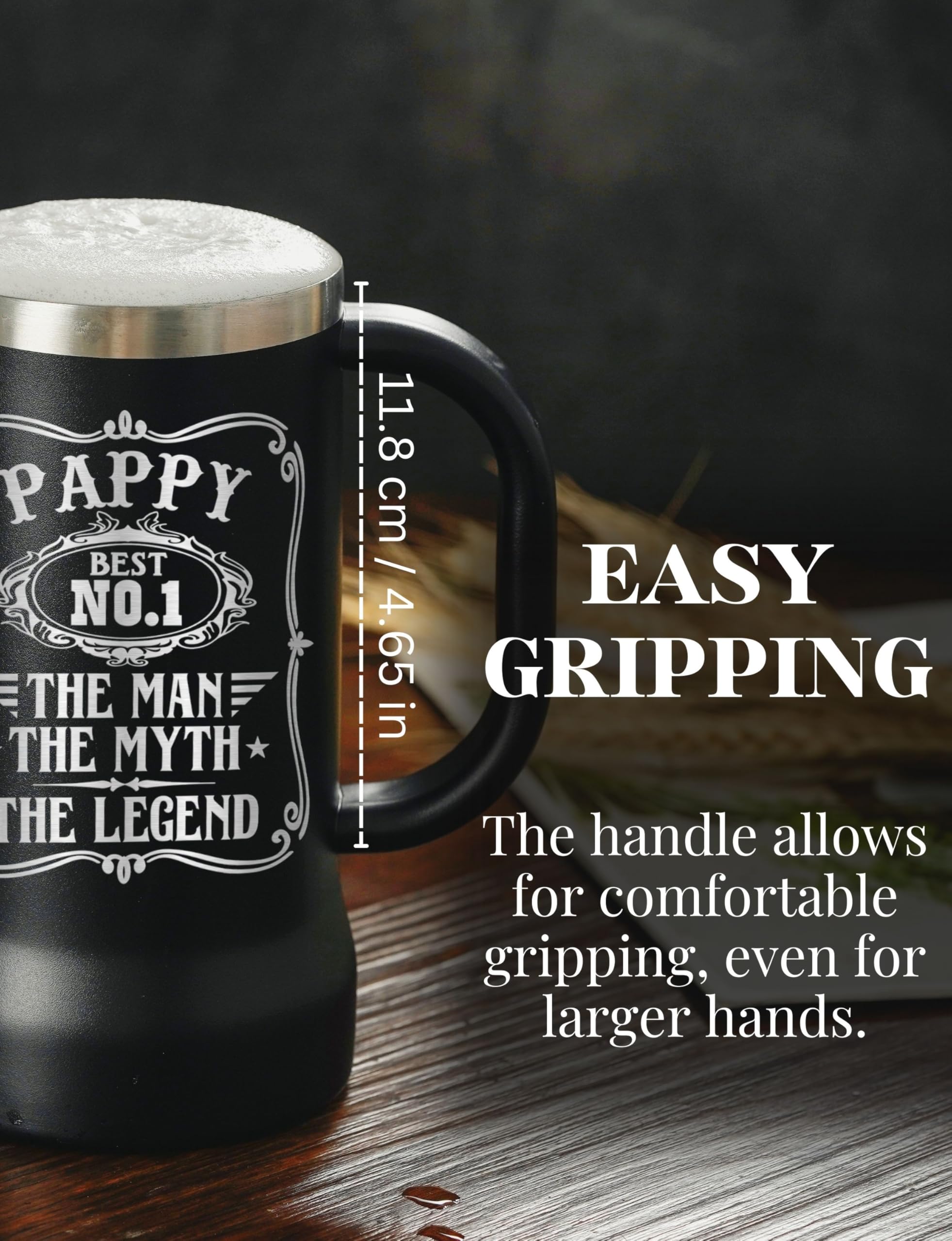 Onebttl Pappy Gifts Stainless Steel Beer Stein Tumbler, 24oz Beer Mug with Lid for Father's Day, Christmas - Man Myth Legend