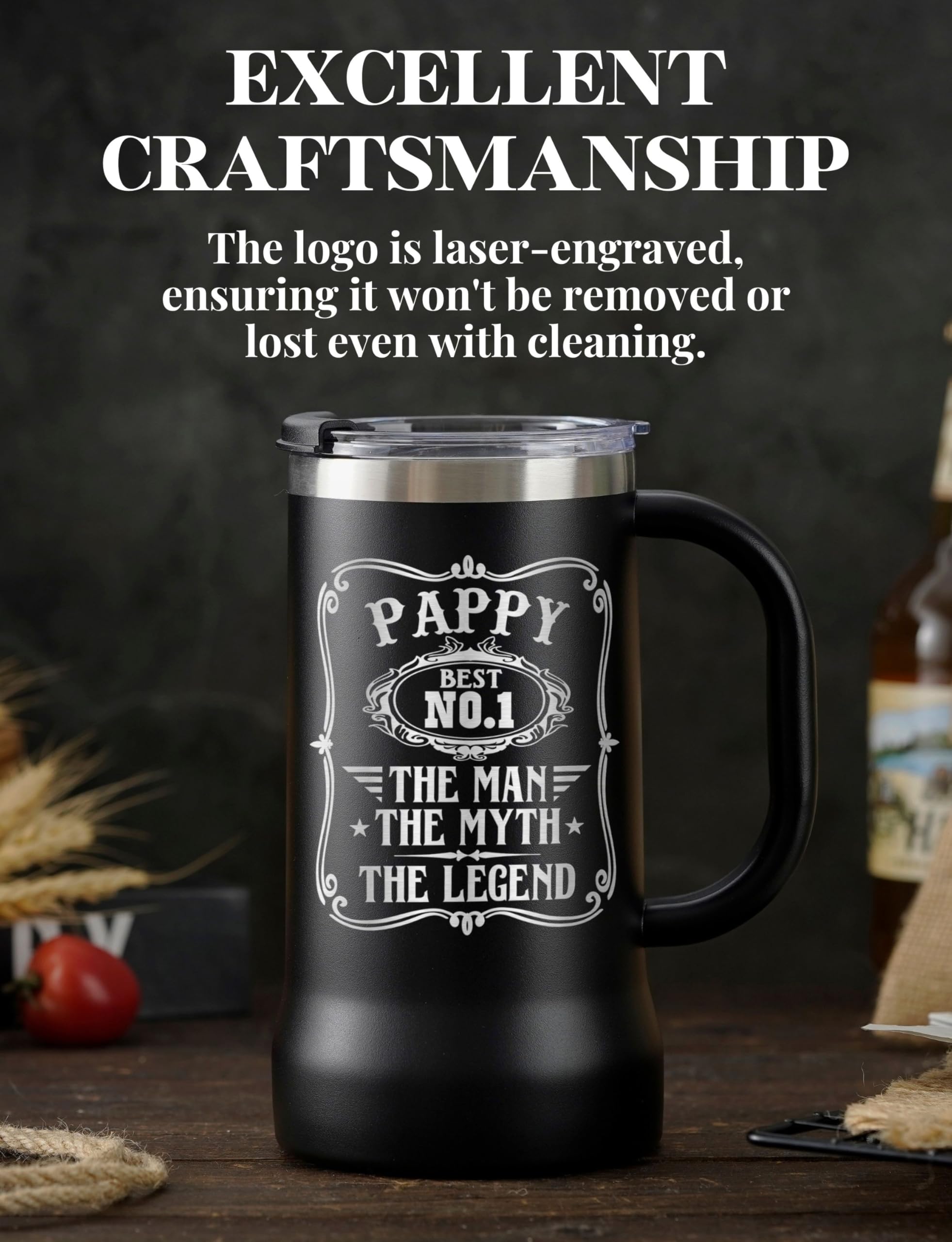 Onebttl Pappy Gifts Stainless Steel Beer Stein Tumbler, 24oz Beer Mug with Lid for Father's Day, Christmas - Man Myth Legend