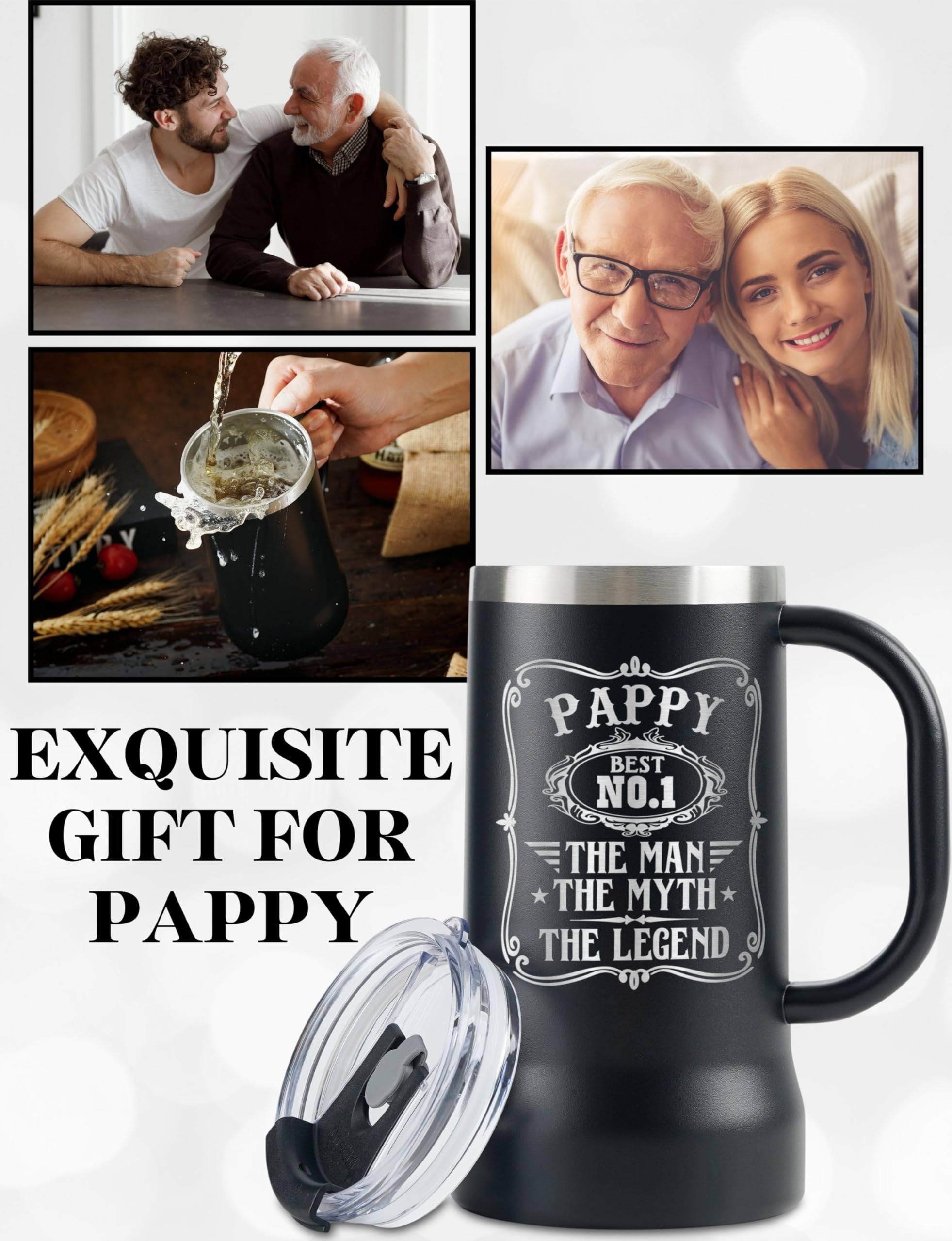 Onebttl Pappy Gifts Stainless Steel Beer Stein Tumbler, 24oz Beer Mug with Lid for Father's Day, Christmas - Man Myth Legend