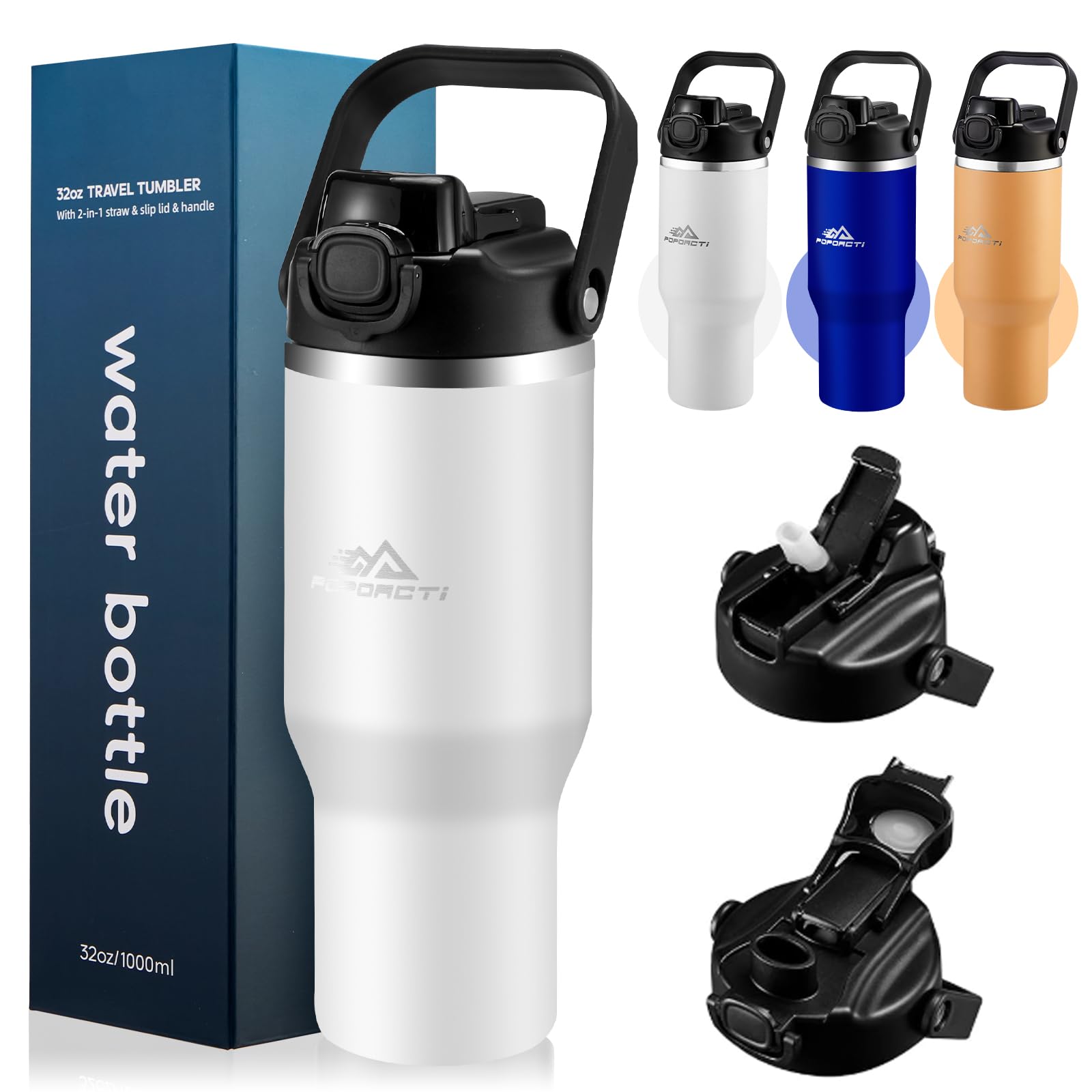 POPOACTI Insulated Tumbler,34 oz Stainless Steel Water Bottle, BPA-Free, Double-Walled Vacuum, Flip Straw for Travel, Keeps Drinks Hot & Cold for 12 Hours,For Travel, Gym & Office (White)