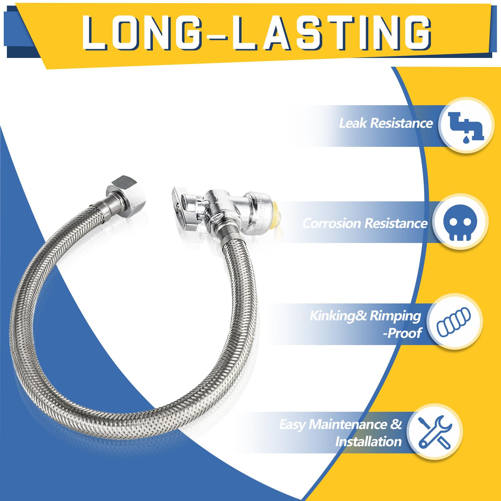 1-Pack GUOFIS Stainless Steel Braided Flexible Faucet Connector,1/2" Nominal Push-fit Angle Stop Valve x 1/2" FIP, 18-Inch Length Faucet Supply Line Hose