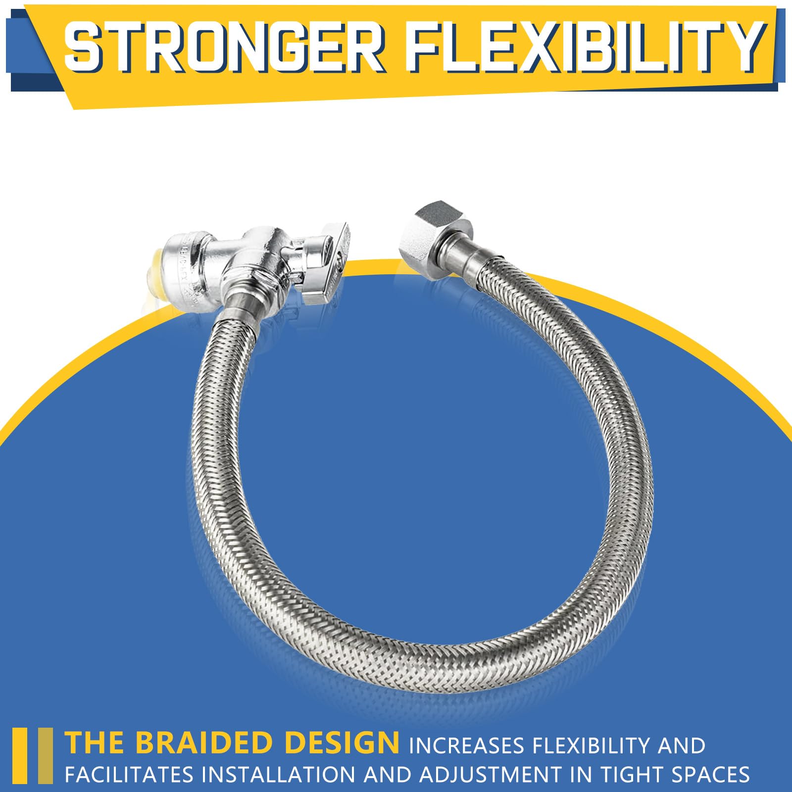 1-Pack GUOFIS Stainless Steel Braided Flexible Faucet Connector,1/2" Nominal Push-fit Angle Stop Valve x 1/2" FIP, 18-Inch Length Faucet Supply Line Hose
