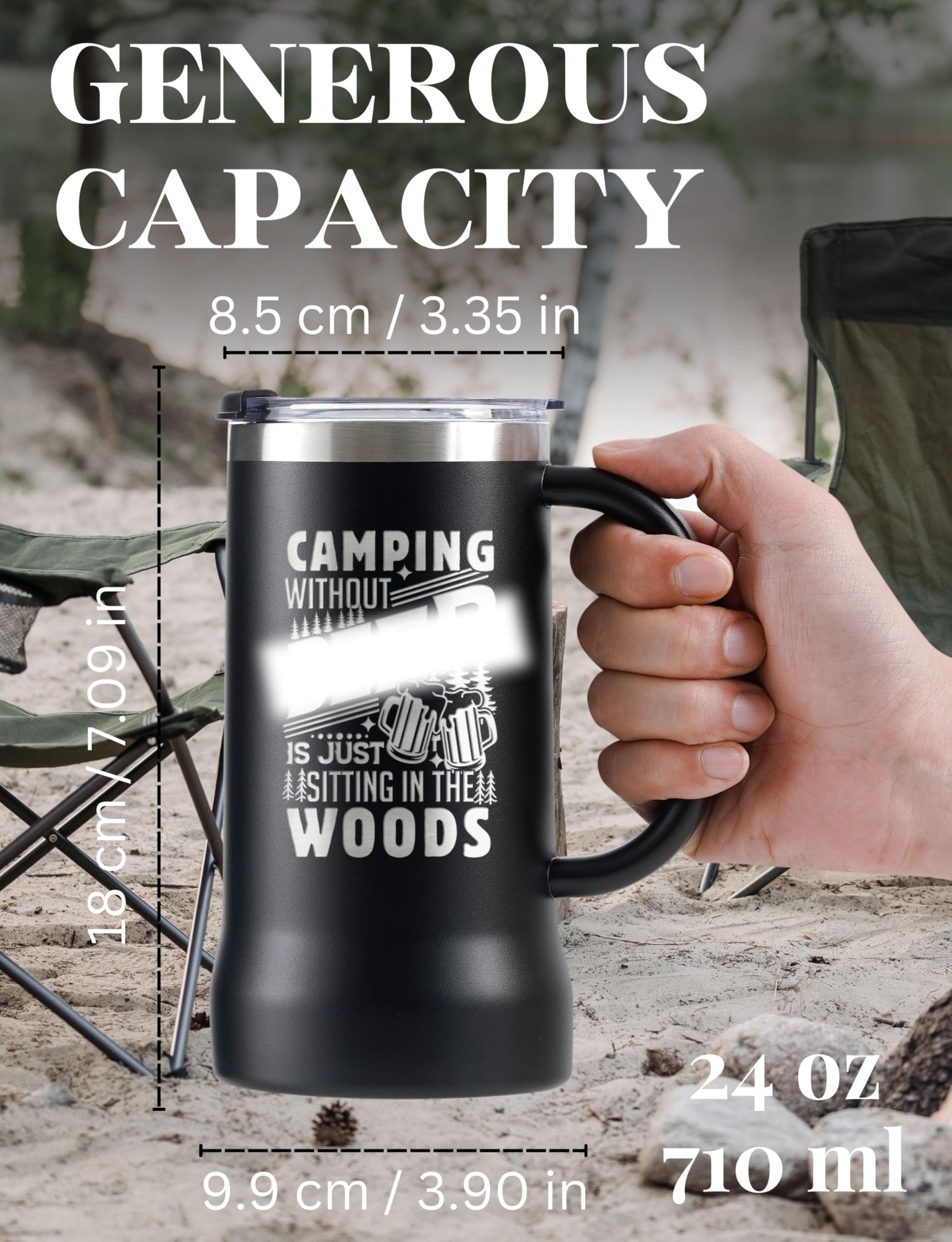 Onebttl Camping Gifts for Men, Camper, Camping Lovers - Camping Without Beer 24oz Stainless Steel Beer Mug Beer Stein Tumbler, 24oz Beer Mug with Lid