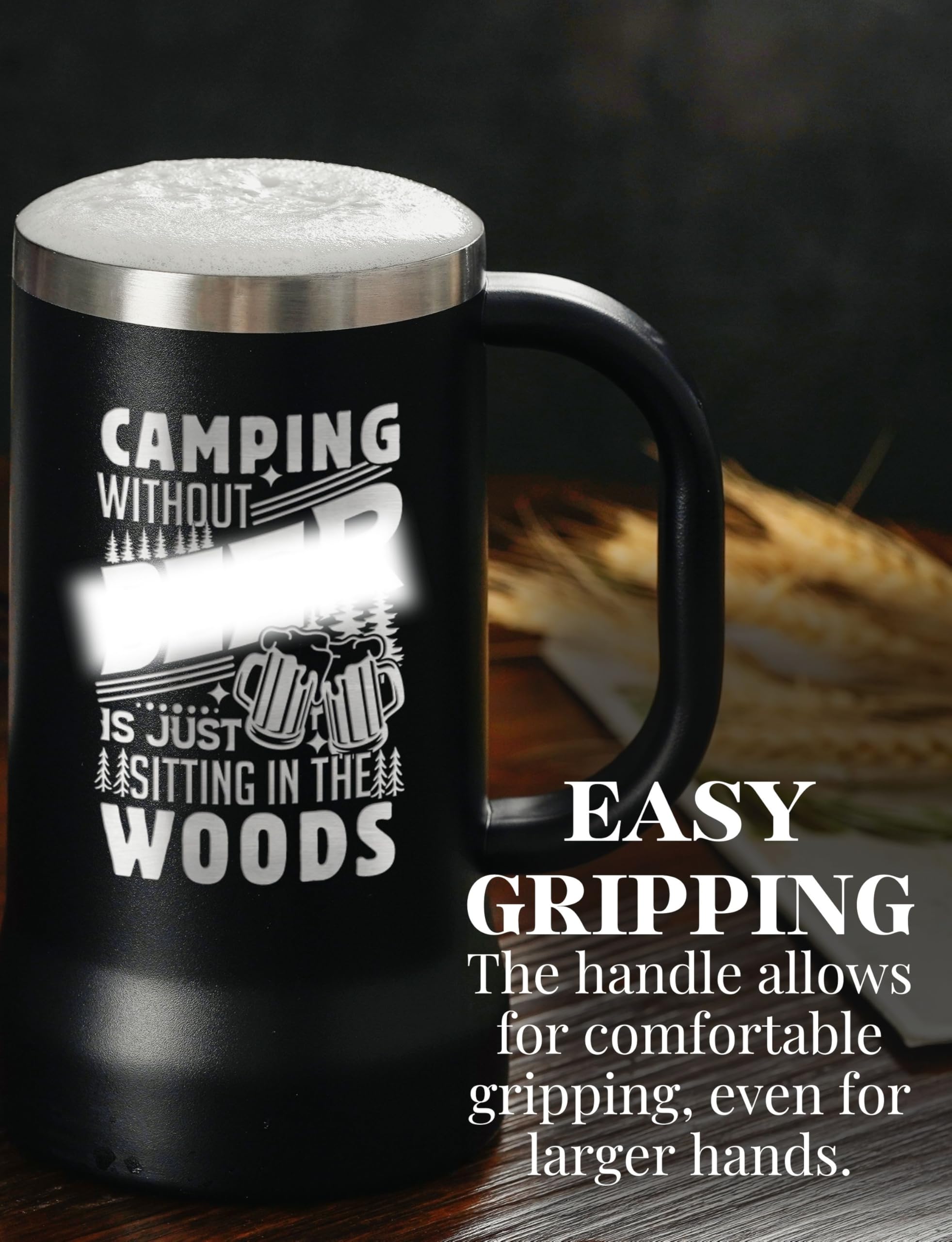 Onebttl Camping Gifts for Men, Camper, Camping Lovers - Camping Without Beer 24oz Stainless Steel Beer Mug Beer Stein Tumbler, 24oz Beer Mug with Lid