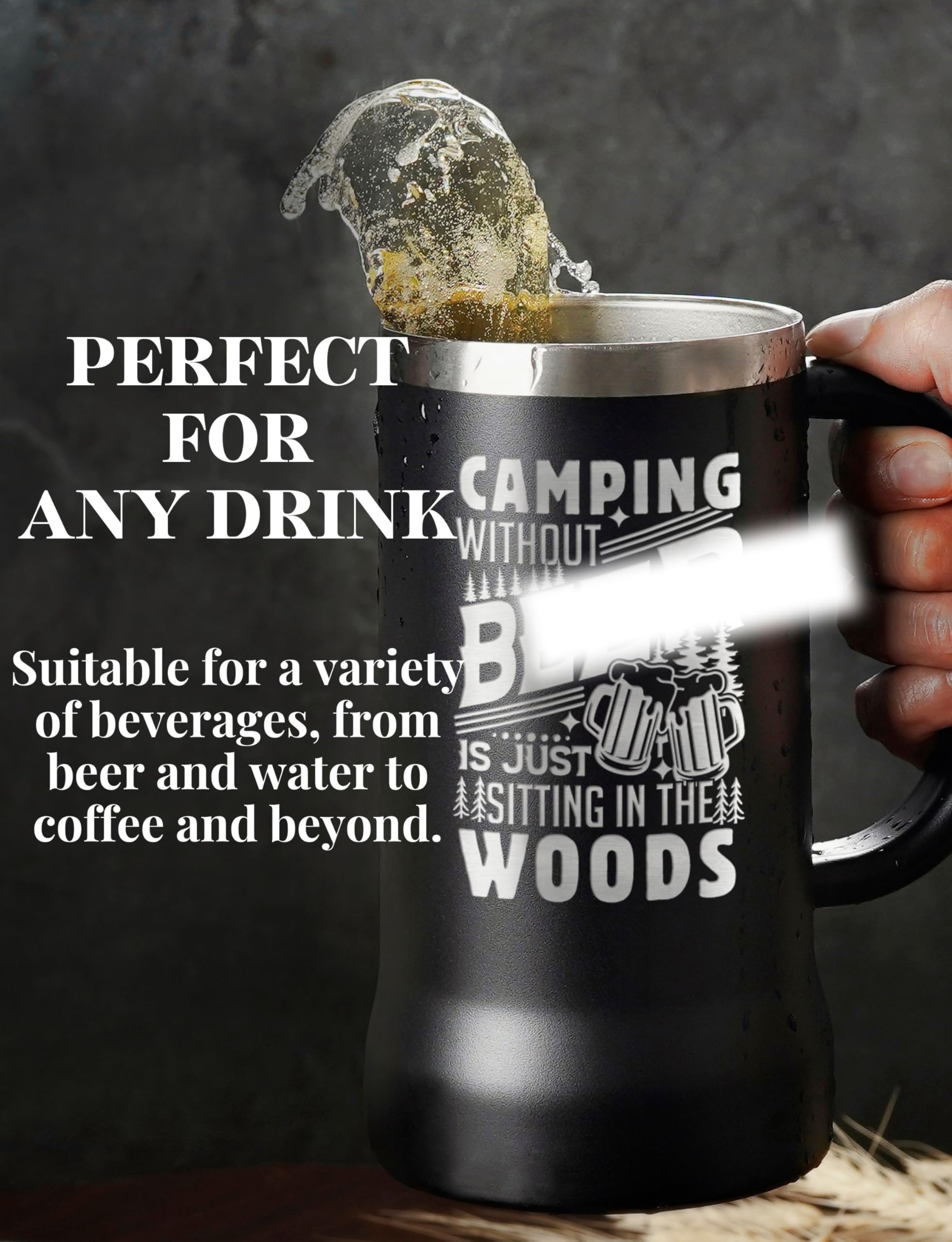 Onebttl Camping Gifts for Men, Camper, Camping Lovers - Camping Without Beer 24oz Stainless Steel Beer Mug Beer Stein Tumbler, 24oz Beer Mug with Lid