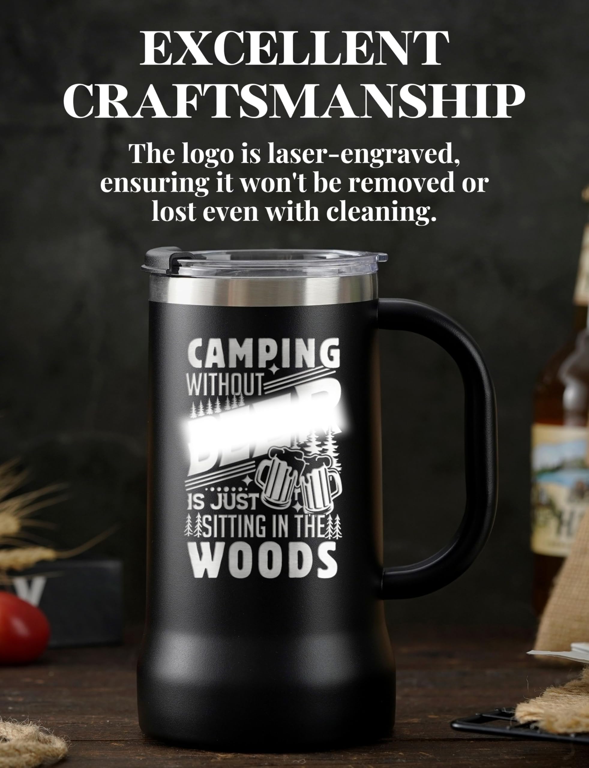 Onebttl Camping Gifts for Men, Camper, Camping Lovers - Camping Without Beer 24oz Stainless Steel Beer Mug Beer Stein Tumbler, 24oz Beer Mug with Lid