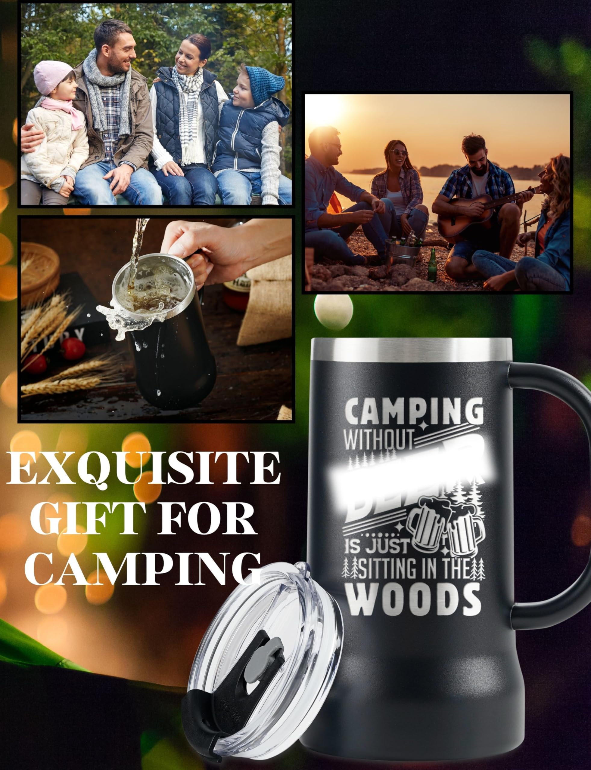 Onebttl Camping Gifts for Men, Camper, Camping Lovers - Camping Without Beer 24oz Stainless Steel Beer Mug Beer Stein Tumbler, 24oz Beer Mug with Lid