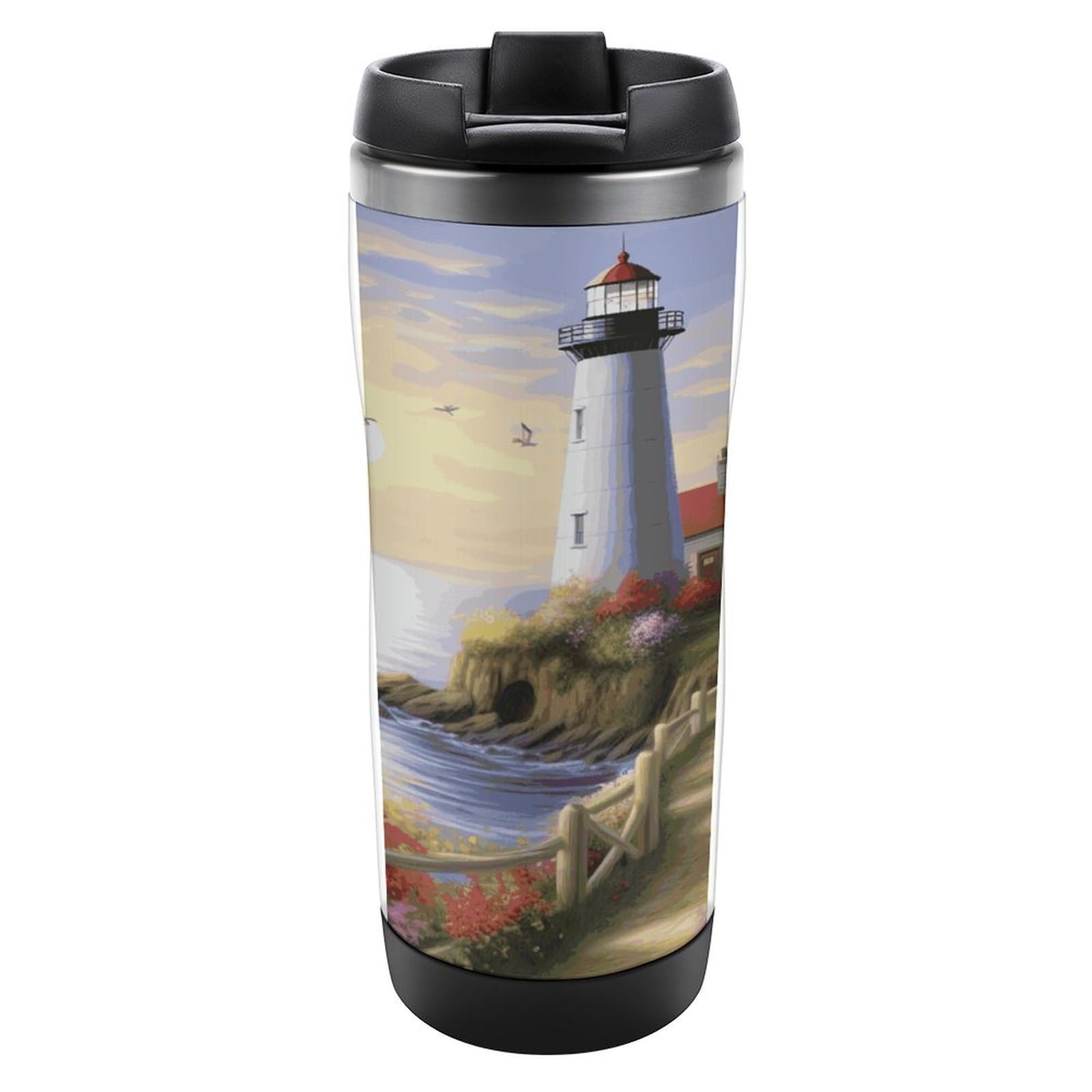 Lighthouse Travel Coffee Mug 12.85oz Insulated Coffee Tumbler 304 Stainless Steel Thermos for Travel Fitness Outdoor Activities Coffee Shop Office Home