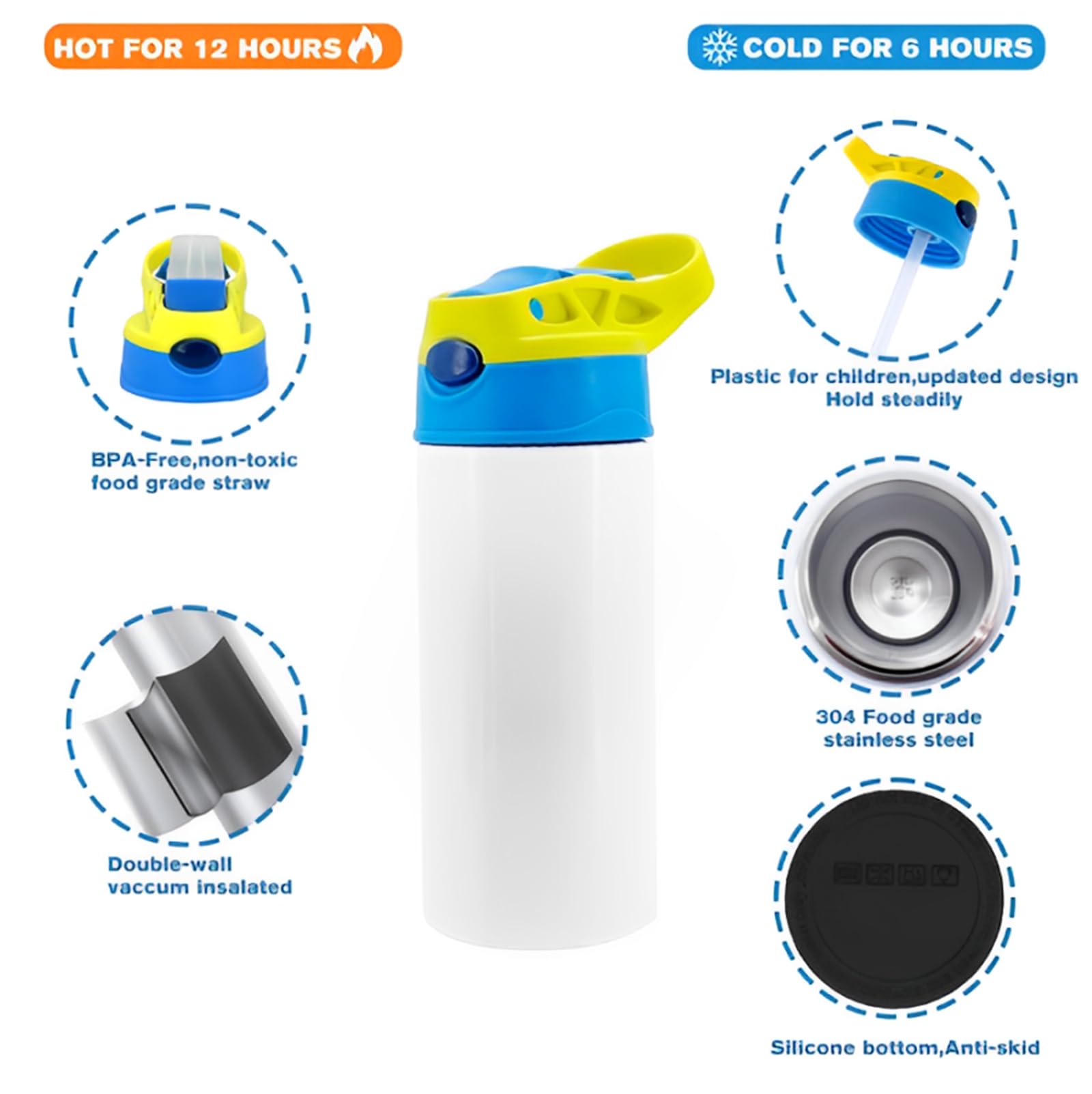 Icesip 50 PACK 12oz Kids Sublimation Tumbler Bulk,Sublimation Kids Water Bottle with One-click Pop-up Straw Lid and Handle, Spill Proof lid,for Water,Drinks