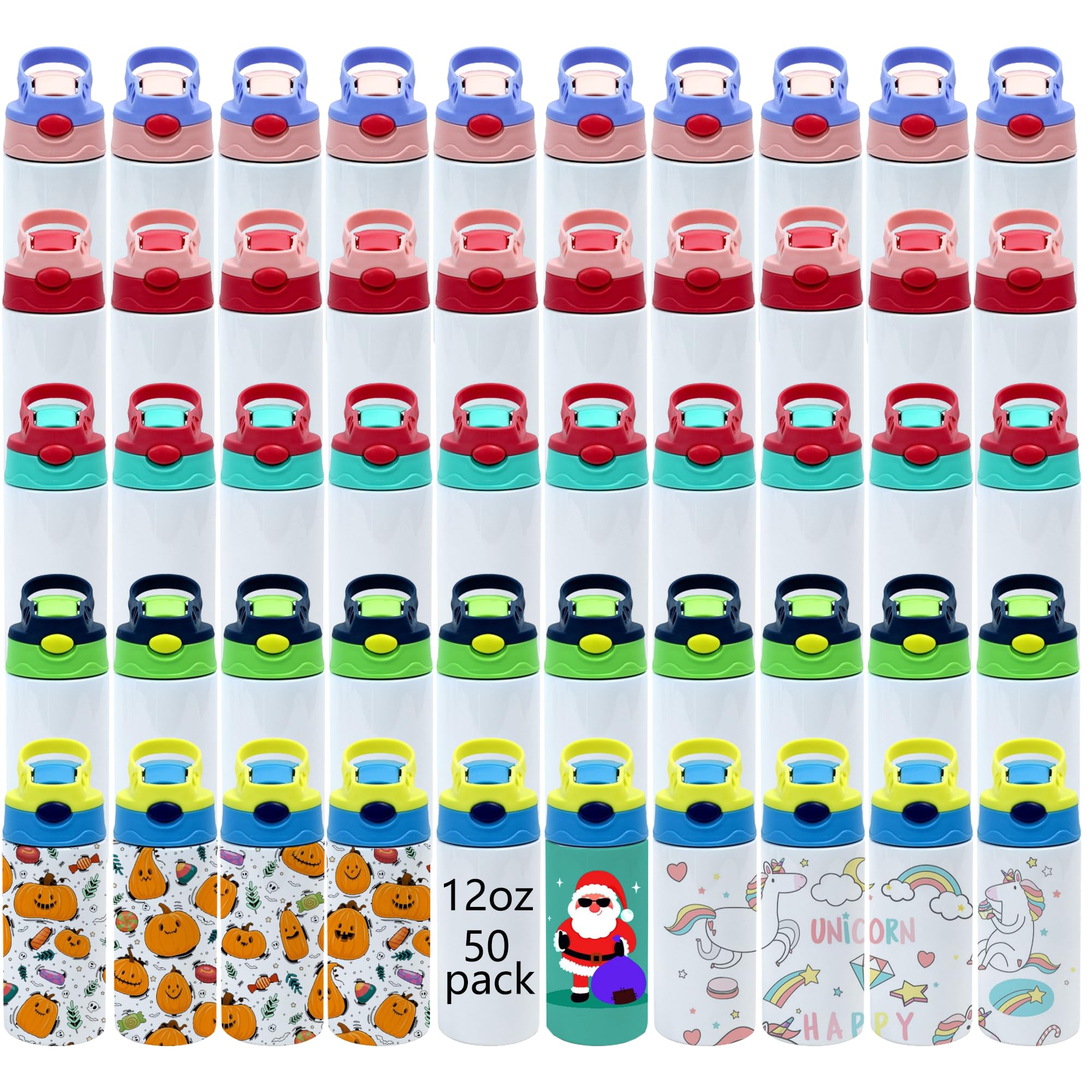 Icesip 50 PACK 12oz Kids Sublimation Tumbler Bulk,Sublimation Kids Water Bottle with One-click Pop-up Straw Lid and Handle, Spill Proof lid,for Water,Drinks