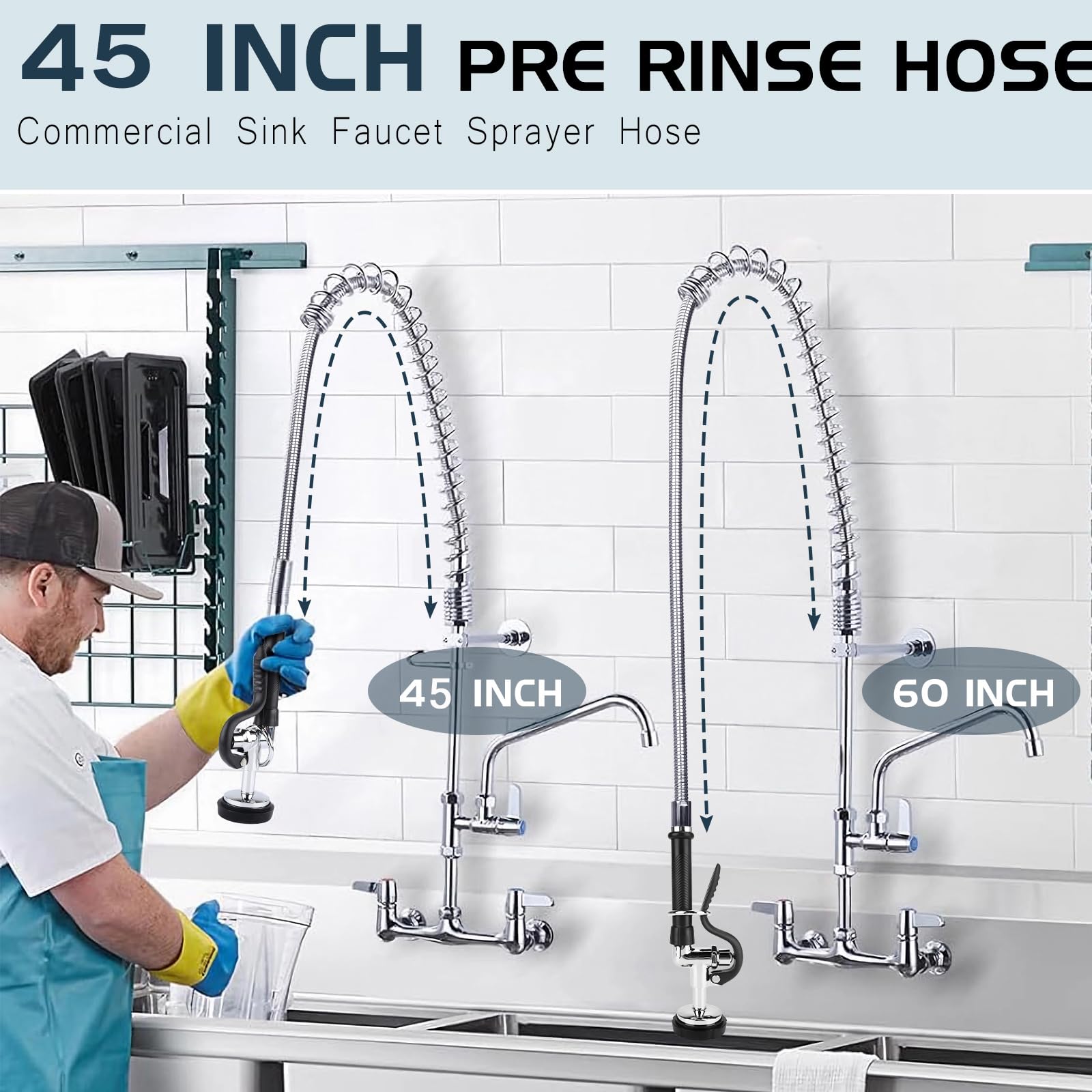 Spray Valve with 45” Commercial Sink Sprayer Hose and Pre Rinse Hose Spring, Pre Rinse Sprayer with Flexible Stainless Steel Hose & Spring Assembly for Commercial Kitchen Faucets (Black)