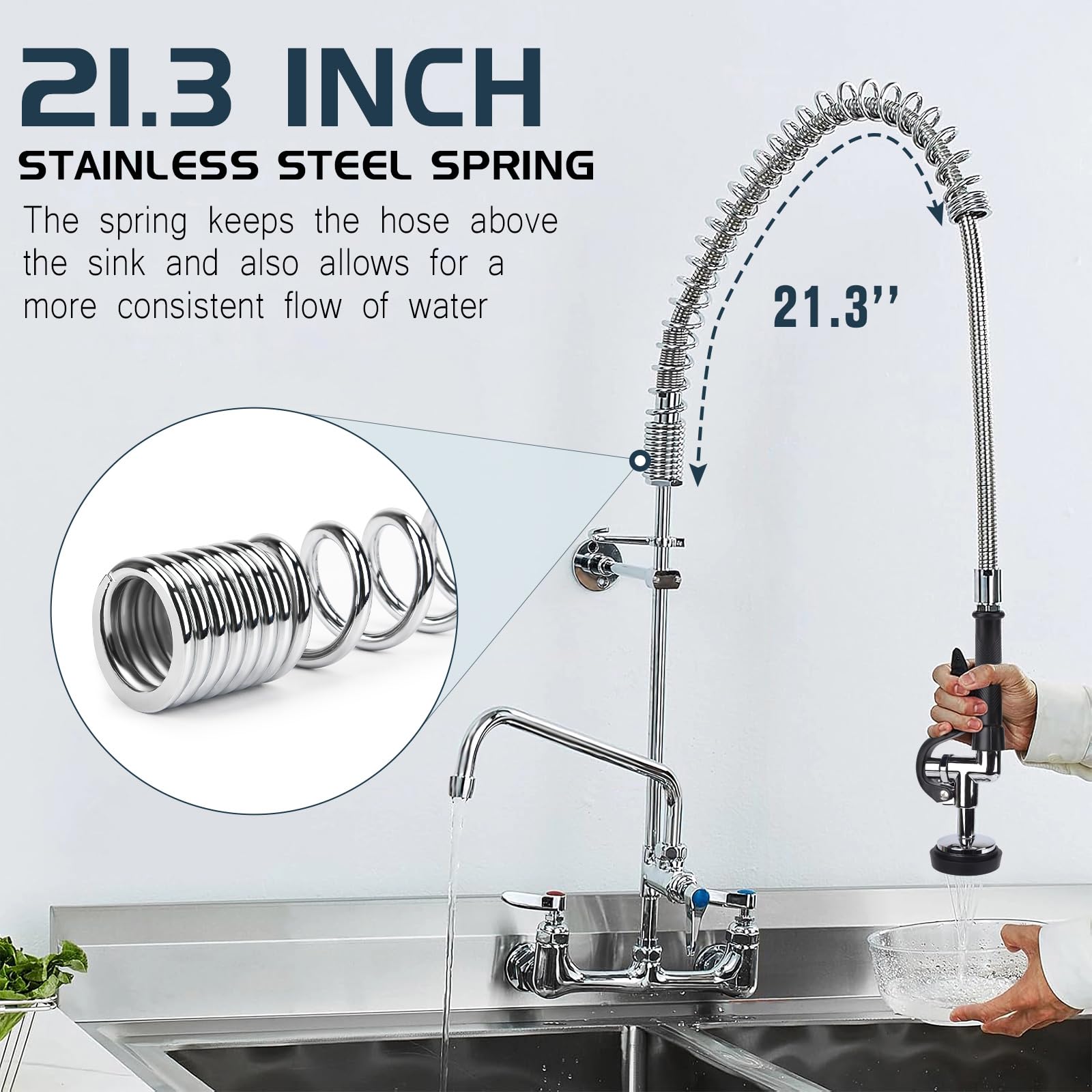Spray Valve with 45” Commercial Sink Sprayer Hose and Pre Rinse Hose Spring, Pre Rinse Sprayer with Flexible Stainless Steel Hose & Spring Assembly for Commercial Kitchen Faucets (Black)
