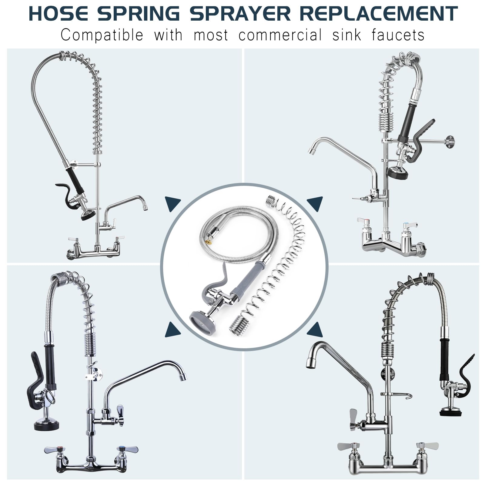 Spray Valve with 38” Commercial Sink Sprayer Hose and Pre Rinse Hose Spring, Pre Rinse Sprayer with Flexible Stainless Steel Hose & Spring Assembly for Commercial Kitchen Faucets (Grey)
