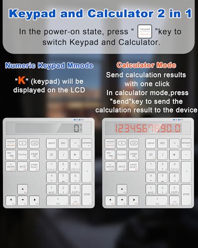 Bluetooth Number Pad with Calculator - Bluetooth + 2.4G Wireless Numeric Keypad Slim 34-Key Portable External Numpad Keyboard Data Entry & Calculate 2 in 1 for Laptop MacBook