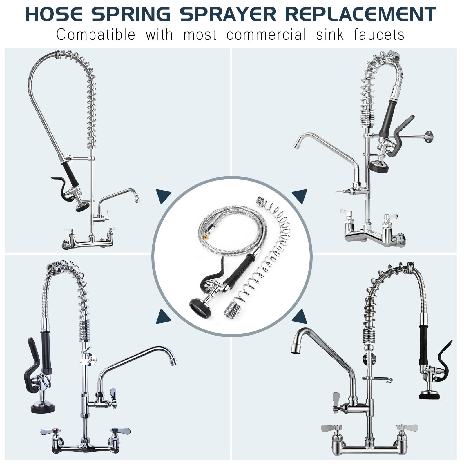 Spray Valve with 45” Commercial Sink Sprayer Hose and Pre Rinse Hose Spring, Pre Rinse Sprayer with Flexible Stainless Steel Hose & Spring Assembly for Commercial Kitchen Faucets (Black)