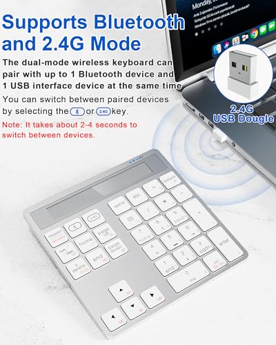 Bluetooth Number Pad with Calculator - Bluetooth + 2.4G Wireless Numeric Keypad Slim 34-Key Portable External Numpad Keyboard Data Entry & Calculate 2 in 1 for Laptop MacBook