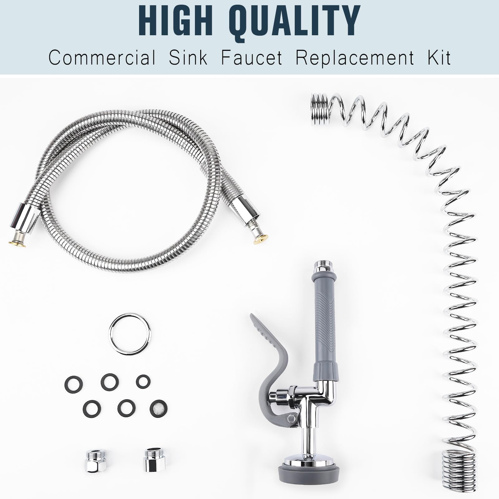 Spray Valve with 38” Commercial Sink Sprayer Hose and Pre Rinse Hose Spring, Pre Rinse Sprayer with Flexible Stainless Steel Hose & Spring Assembly for Commercial Kitchen Faucets (Grey)