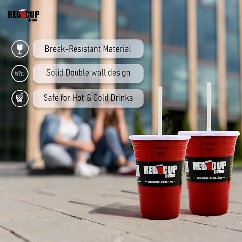 Red Cup Living 24 Oz Insulated Tumbler with Straw & Lid – Reusable Double Wall Travel Cup, Spill-Proof for Hot & Cold Drinks, Large Plastic Big Grip Easter Celebration Glass for Men & Women