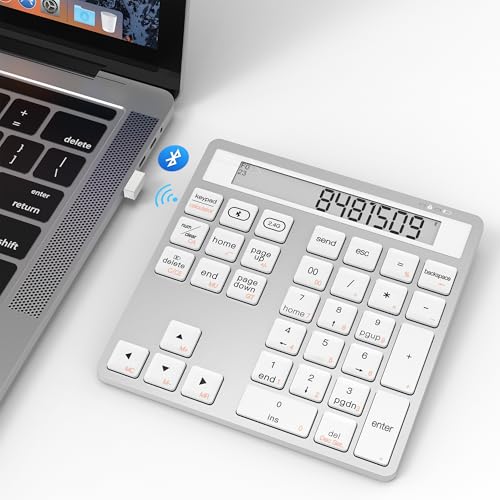 Suejezt Bluetooth Wireless Number Pad and Calculator 34Keys, Bluetooth & 2.4G USB Numeric Keypad Data Entry with Display for MacBook Pro Air, iMac, Desktop Office Accessories Financial Accounting