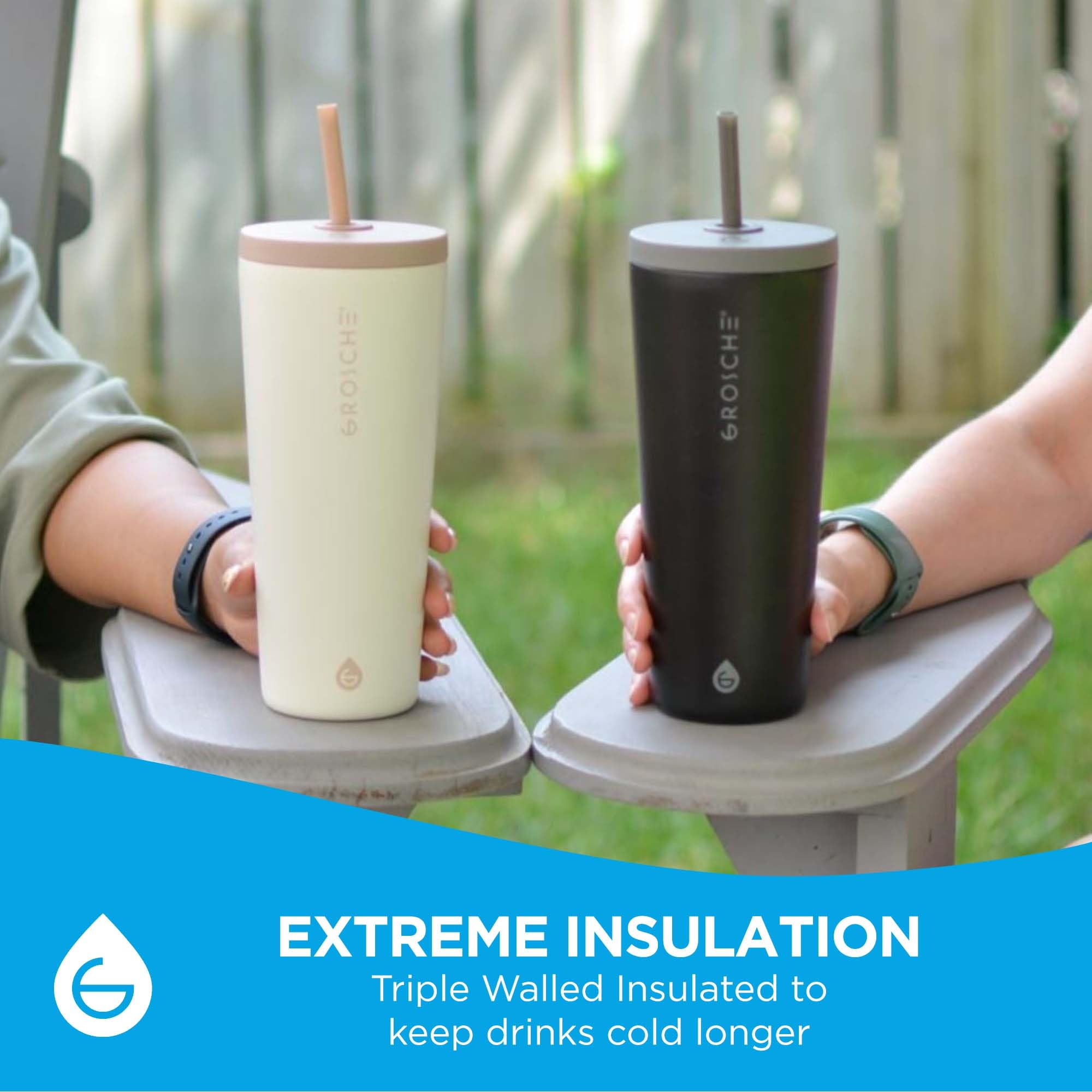 GROSCHE Jasper 23oz Tumbler with straw. Extreme Insulation, Classy Design, Built to Last, Insulated Stainless Steel Tumbler with Lid and Straw - White