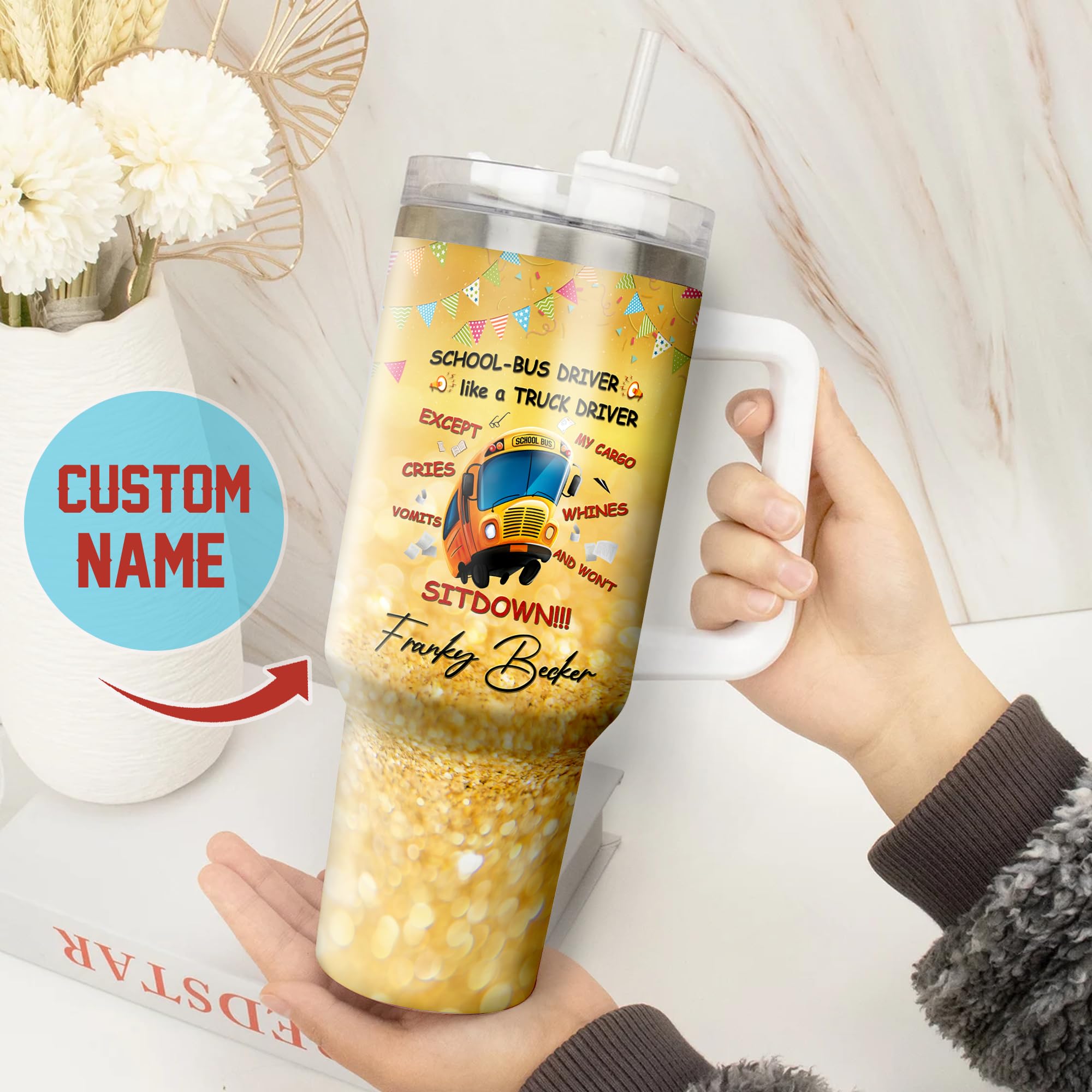 WAZONE Personalized Bus Driver Tumbler 40oz with Handle and Straw Stainless Steel Custom Name Student Delivery Specialist Cup Insulated Tumblers Back To School School Bus Driver Appreciation