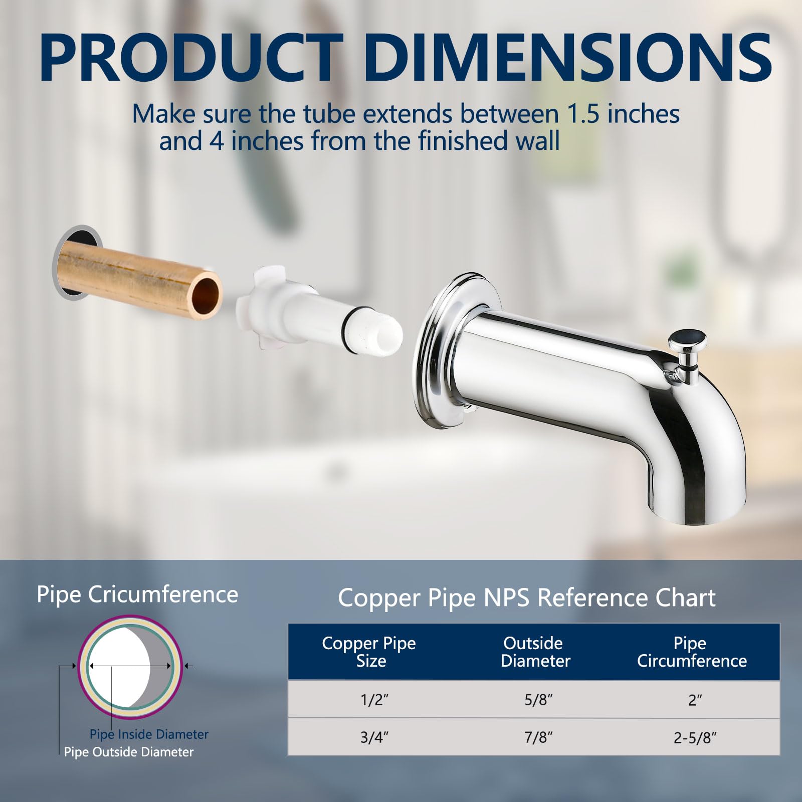Sperwoesy Slip-On Tub Spout with Diverter Long for Bathtub Spout, Fit for 1/2 Inch Slip Pipe, Chrome