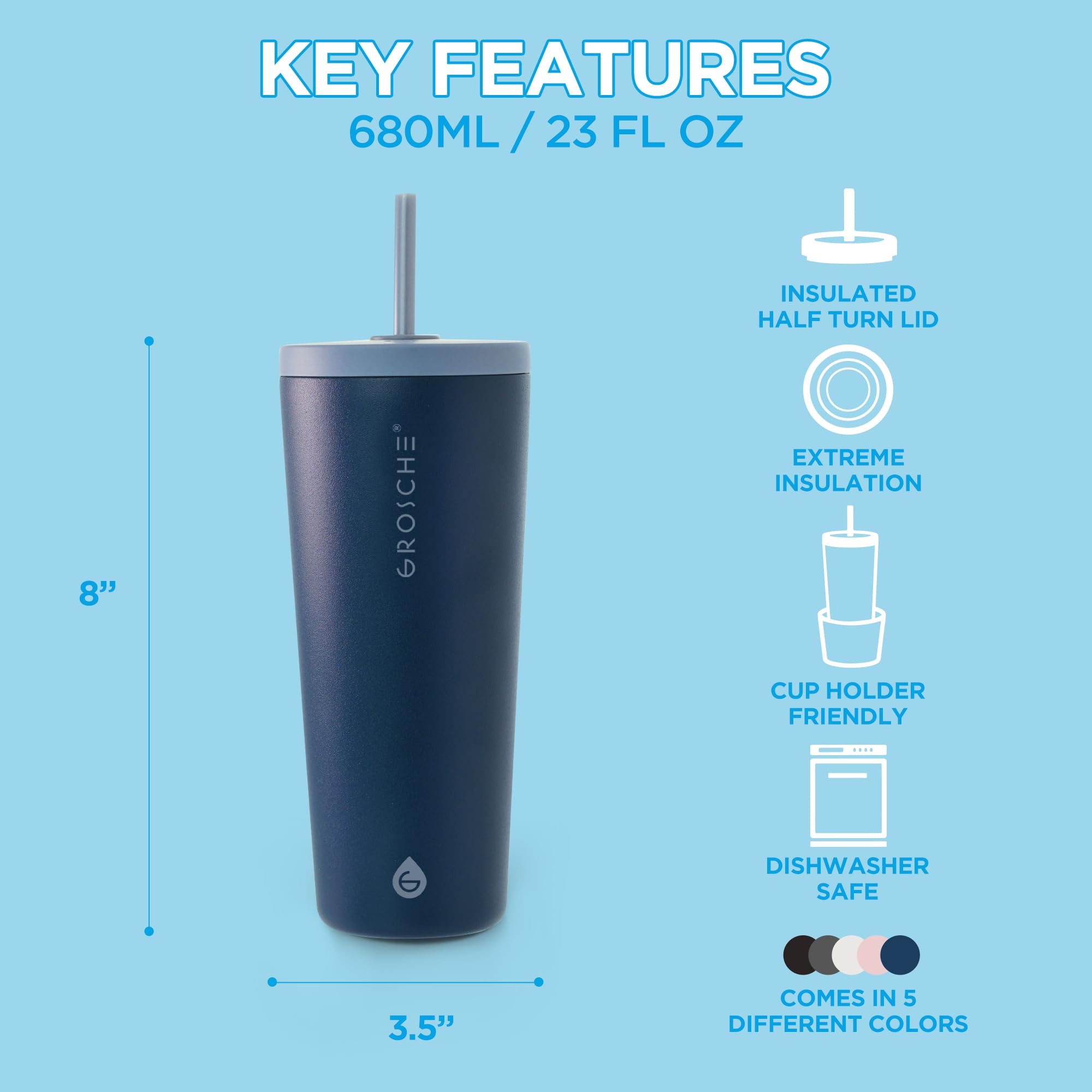 GROSCHE Jasper 23oz Tumbler with straw. Extreme Insulation, Classy Design, Built to Last, Insulated Stainless Steel Tumbler with Lid and Straw - Blue