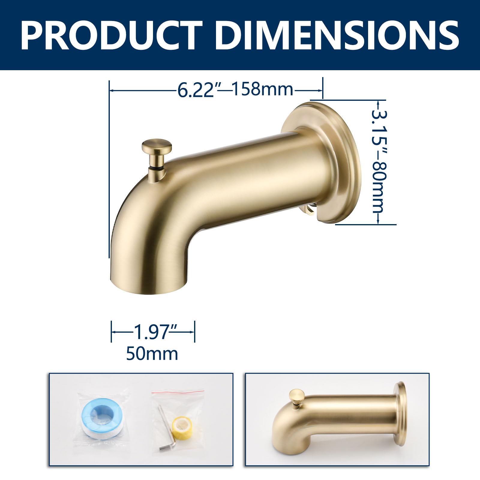 Sperwoesy Slip-On Tub Spout with Diverter Long for Bathtub Spout, Fit for 1/2 Inch Slip Pipe, Brushed Gold