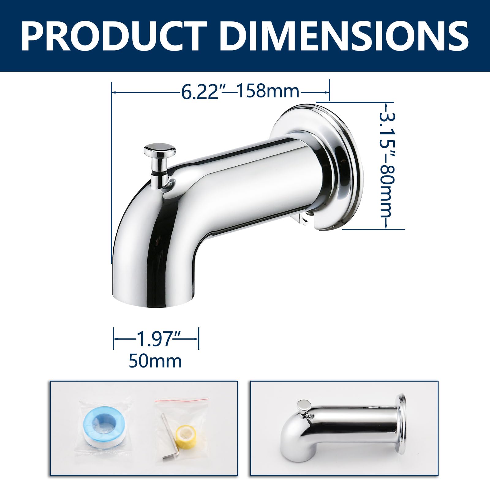 Sperwoesy Slip-On Tub Spout with Diverter Long for Bathtub Spout, Fit for 1/2 Inch Slip Pipe, Chrome